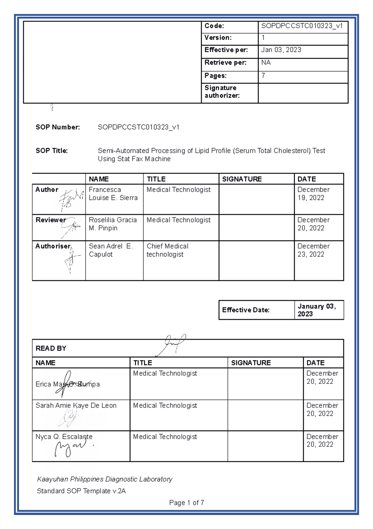 Serum Total Cholesterol SOP - Code: SOPDPCCSTC010323_v Version: 1 ...
