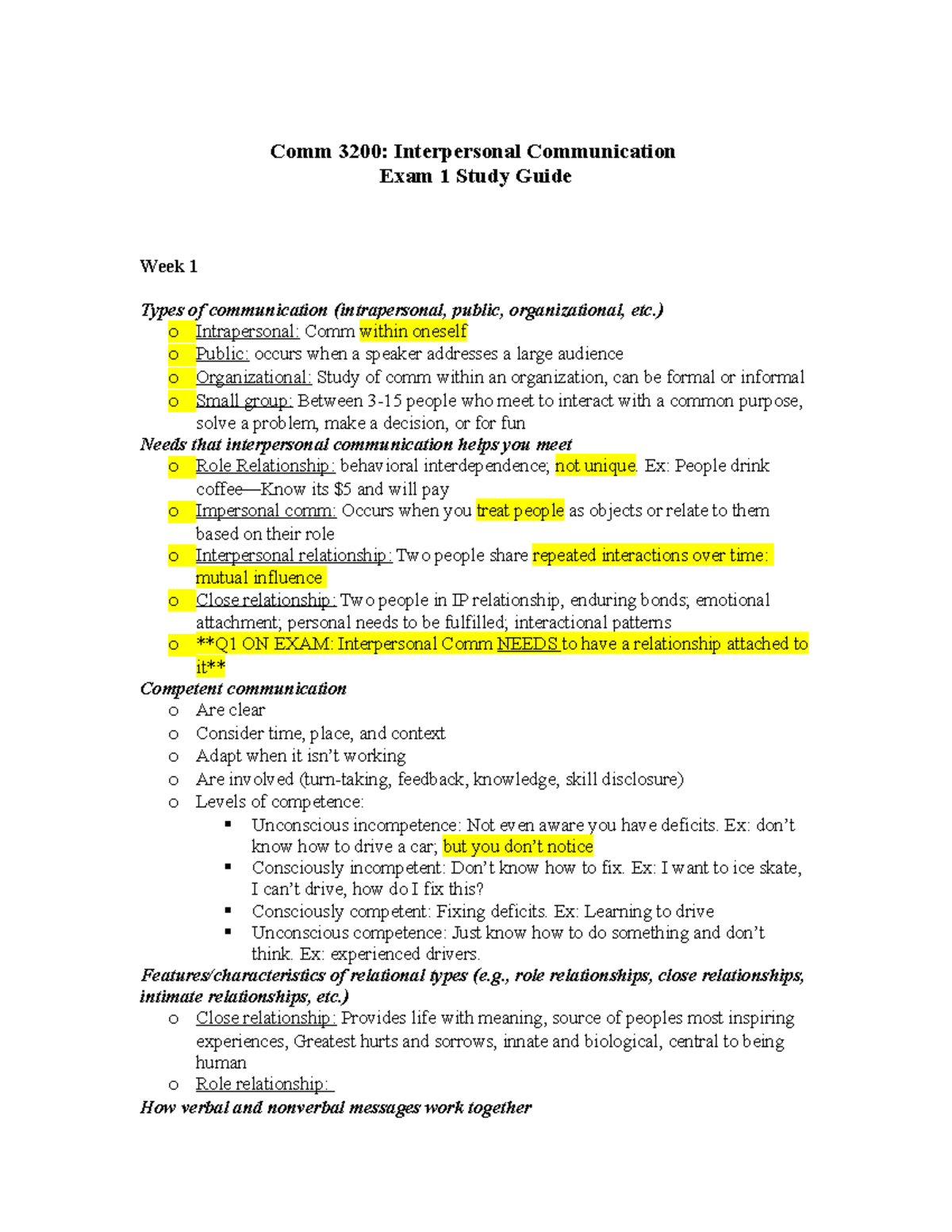 Comm 3200 Exam 1 Study Guide - Comm 3200: Interpersonal Communication Exam 1 Study Guide Week 1 ...
