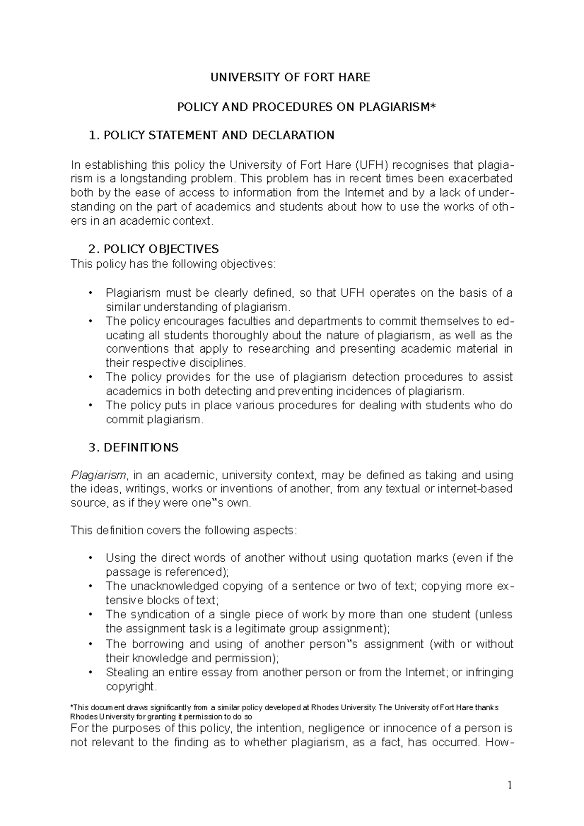 Plagiarism Policy Final SEnate Approved May 09 0 - UNIVERSITY OF FORT ...