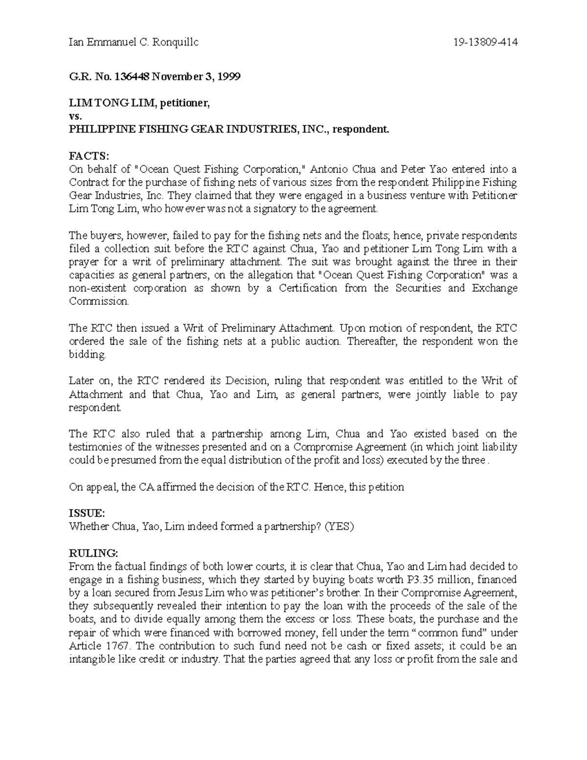 2. Lim Tong Lim vs. Phil. Fishing - Ian Emmanuel C. Ronquillo 19-13809 ...