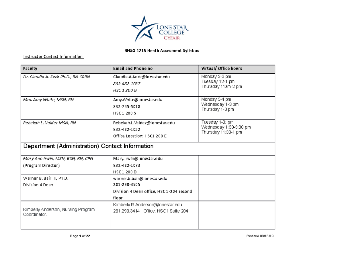 Syllabus RNSG 1215 Fall 23 - RNSG 1215 Heath Assesment Syllabus ...
