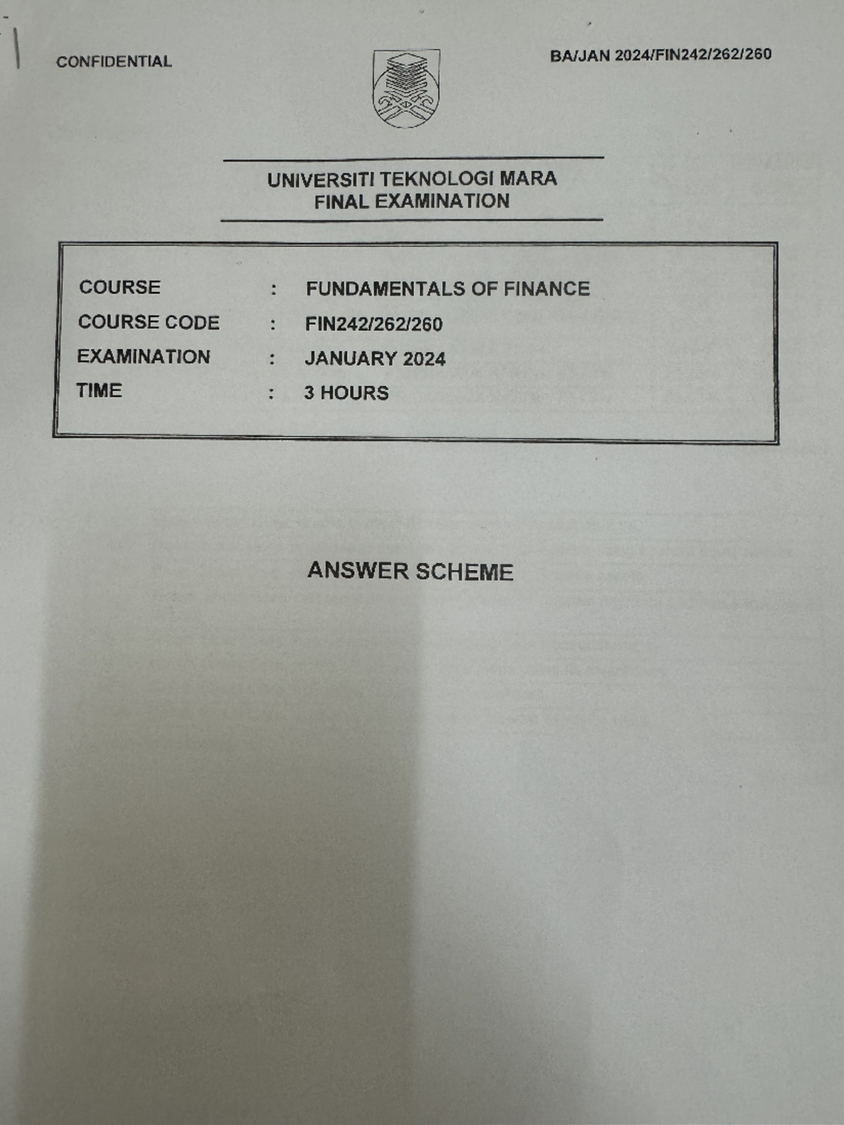 FIN242 JAN2024 PAST YEAR Answer Sceme - CONFIDENTIAL UNIVERSITI ...