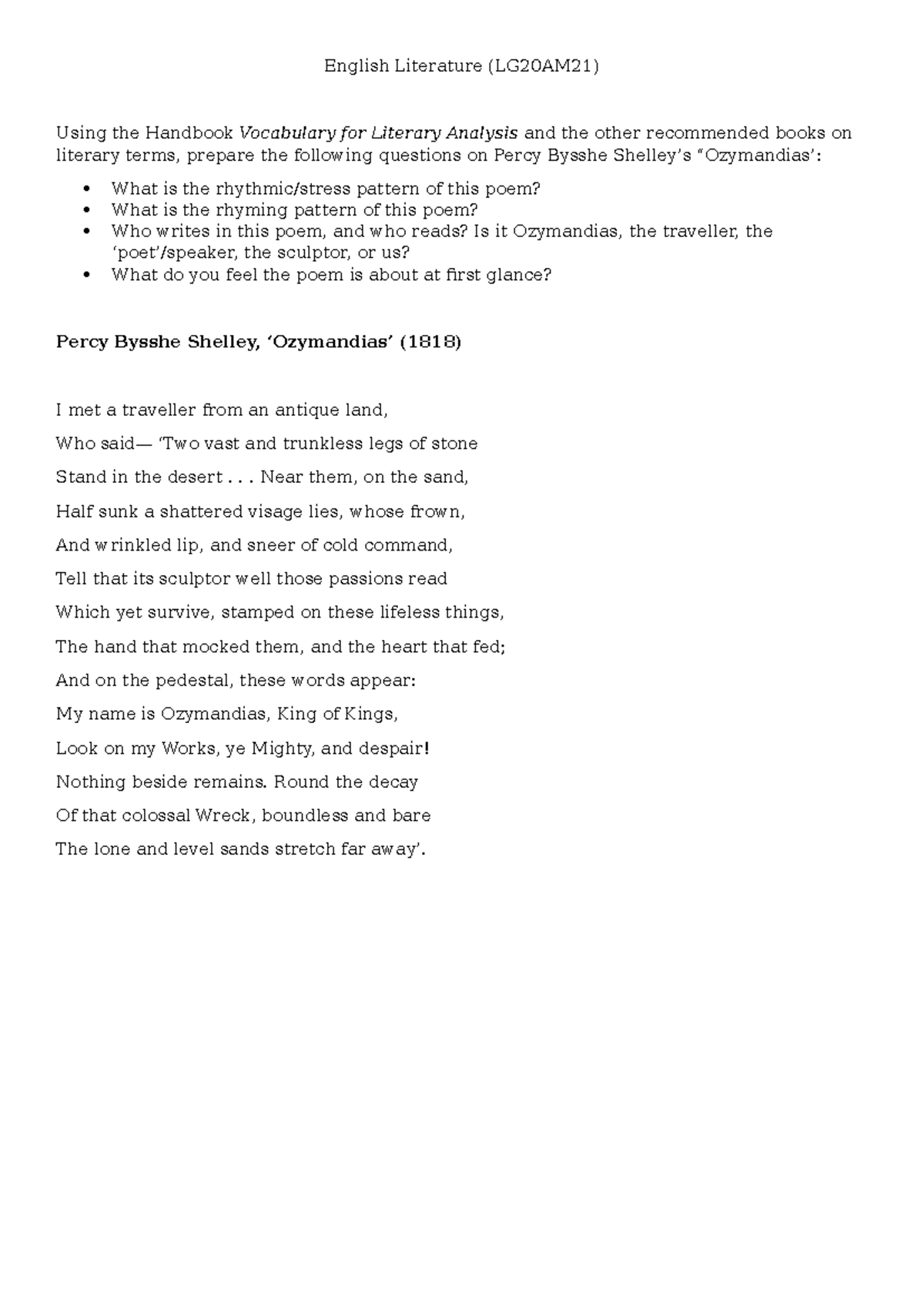 Percy Bysshe Shelley Ozymandias and Questions - English Literature ...