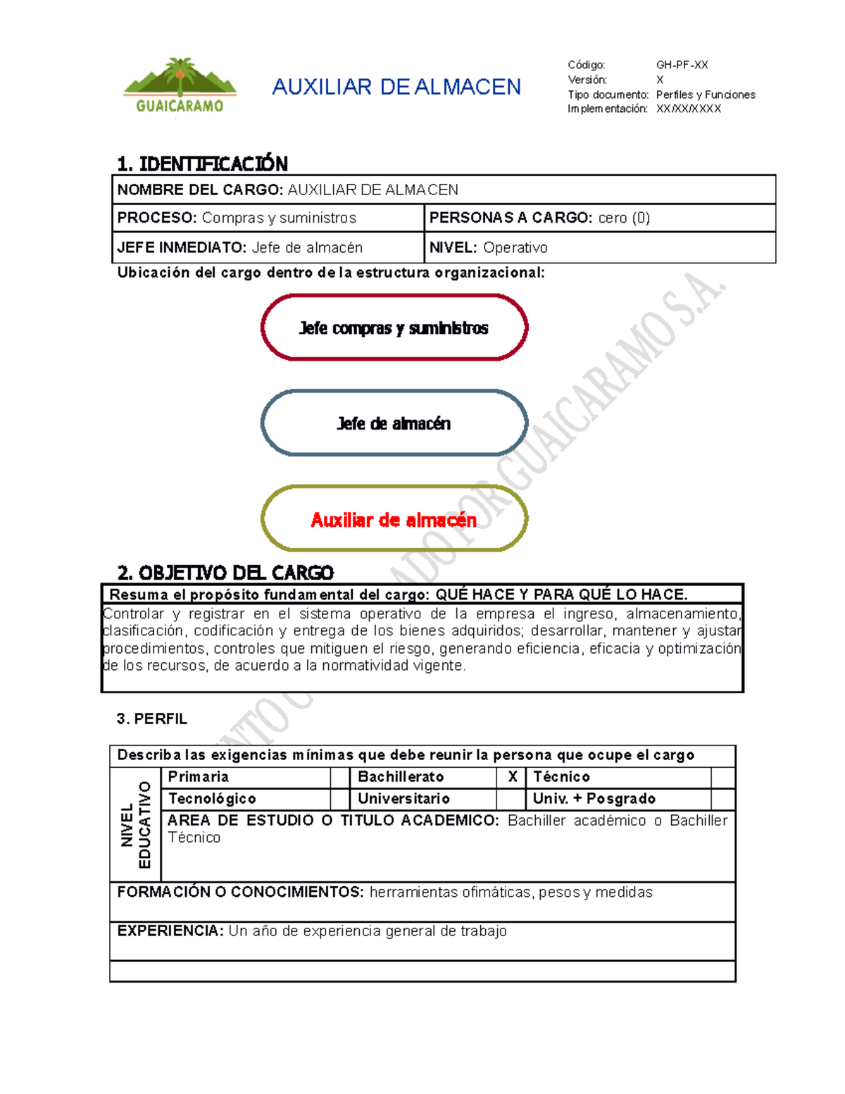 Auxiliar almacen - AUXILIAR DE ALMACEN Versión: X Tipo documento ...
