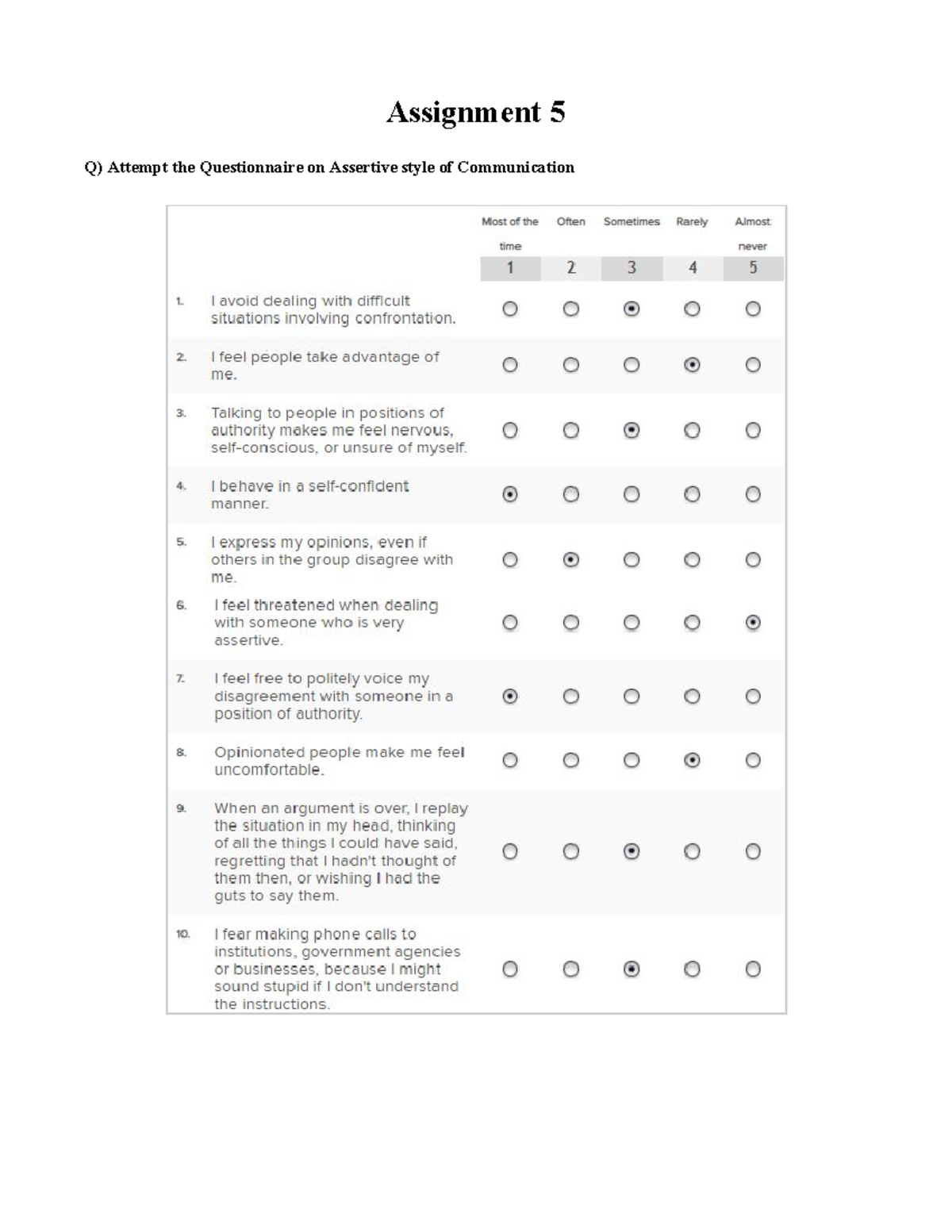 BCE Assignment 5 - Sample for Questionnaire on Assertive style of ...