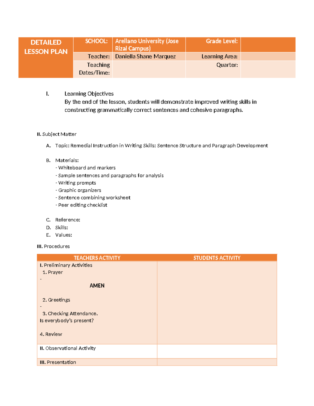Detailed- Lesson-PLAN - DETAILED LESSON PLAN SCHOOL: Arellano ...