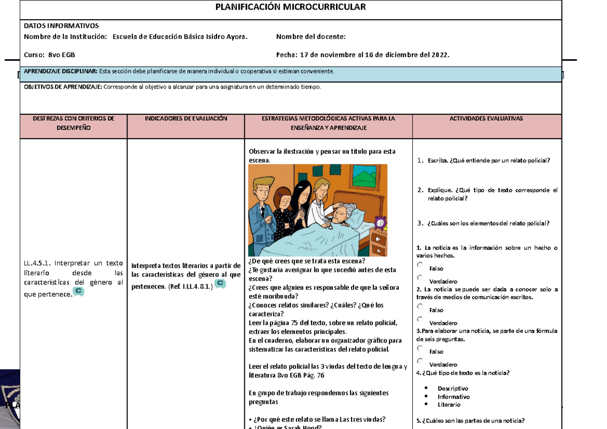 Planificacion Lengua 8vo - ESCUELA DE EDUCACIÓN BÁSICA “ISIDRO AYORA ...