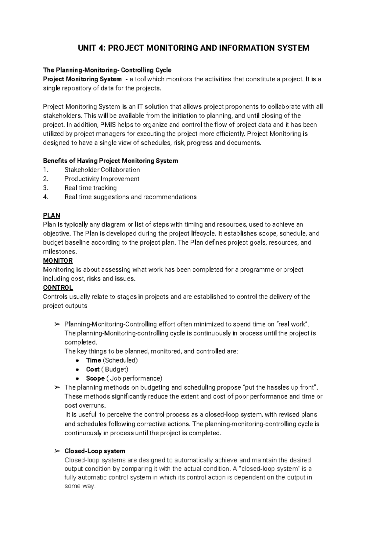 Project Management - Monitoring, Planning, Controlling cycle - UNIT 4 ...