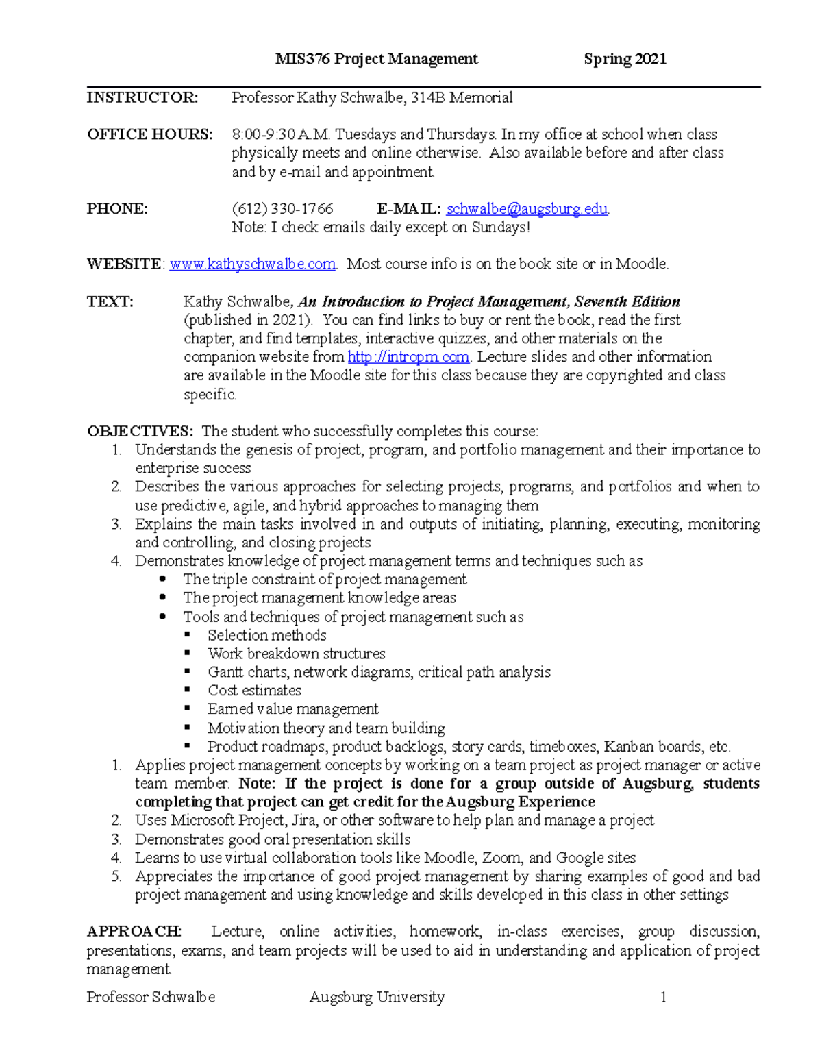 7e-sample-syllabus - Project Management - INSTRUCTOR: Professor Kathy ...
