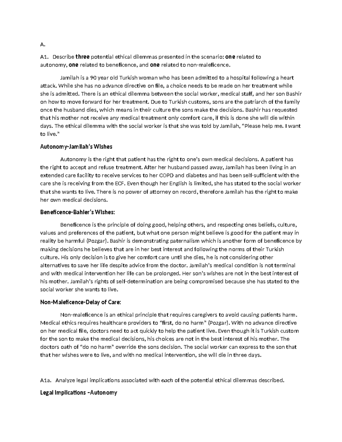 C426 Task 1 Healthcare Values and Ethics - A. A1. Describe three ...