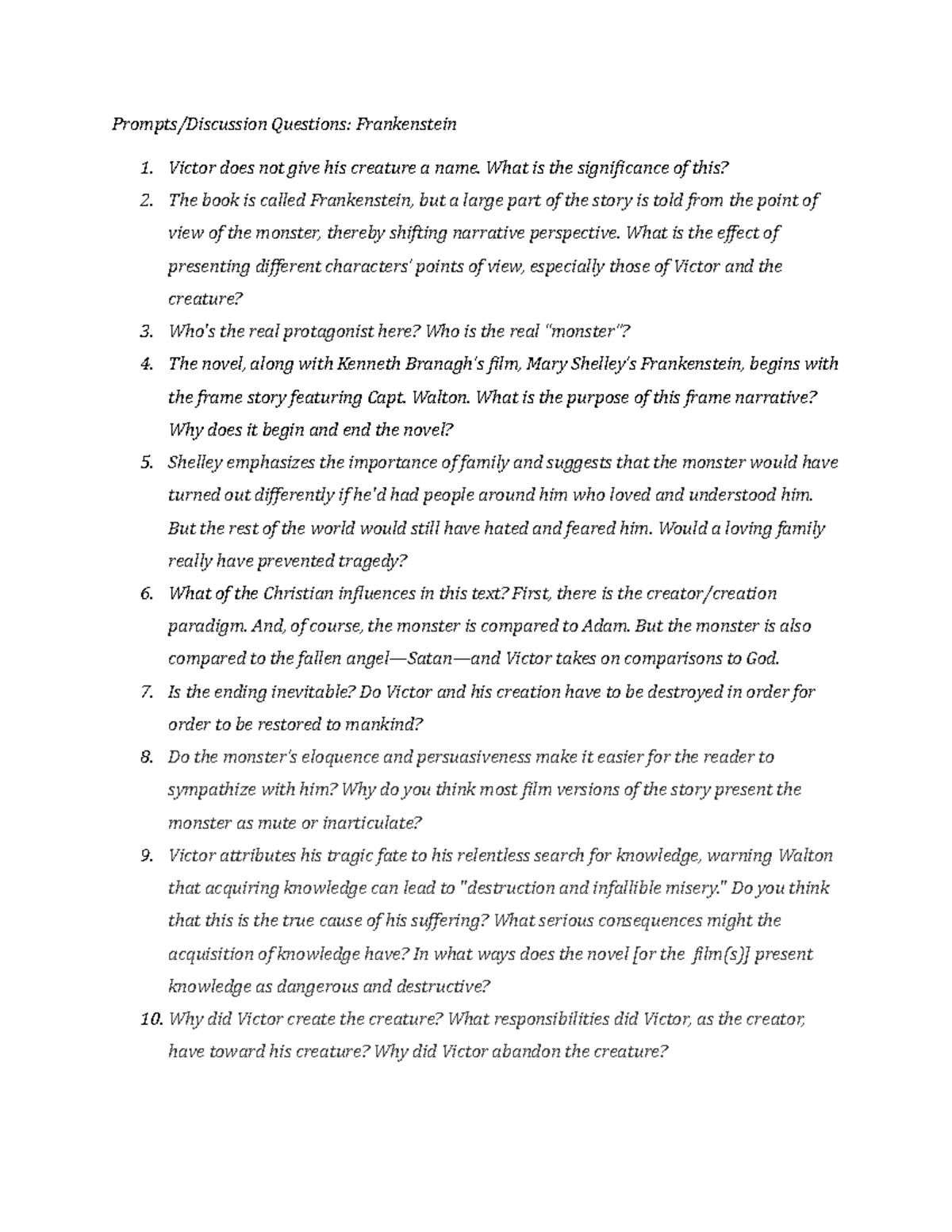 Prompts - Frankenstein - Prompts/Discussion Questions: Frankenstein 1 ...
