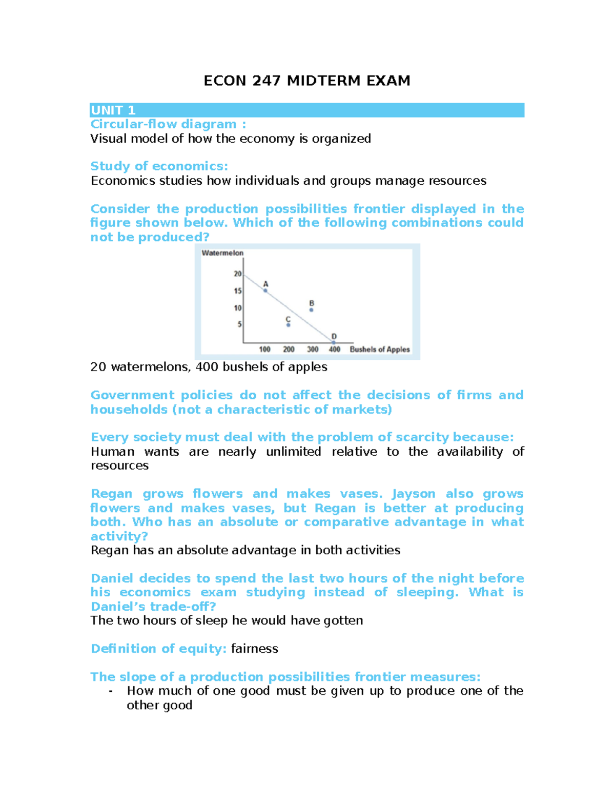 ECON 247 Midterm EXAM - ECON 247 MIDTERM EXAM UNIT 1 Circular-flow ...