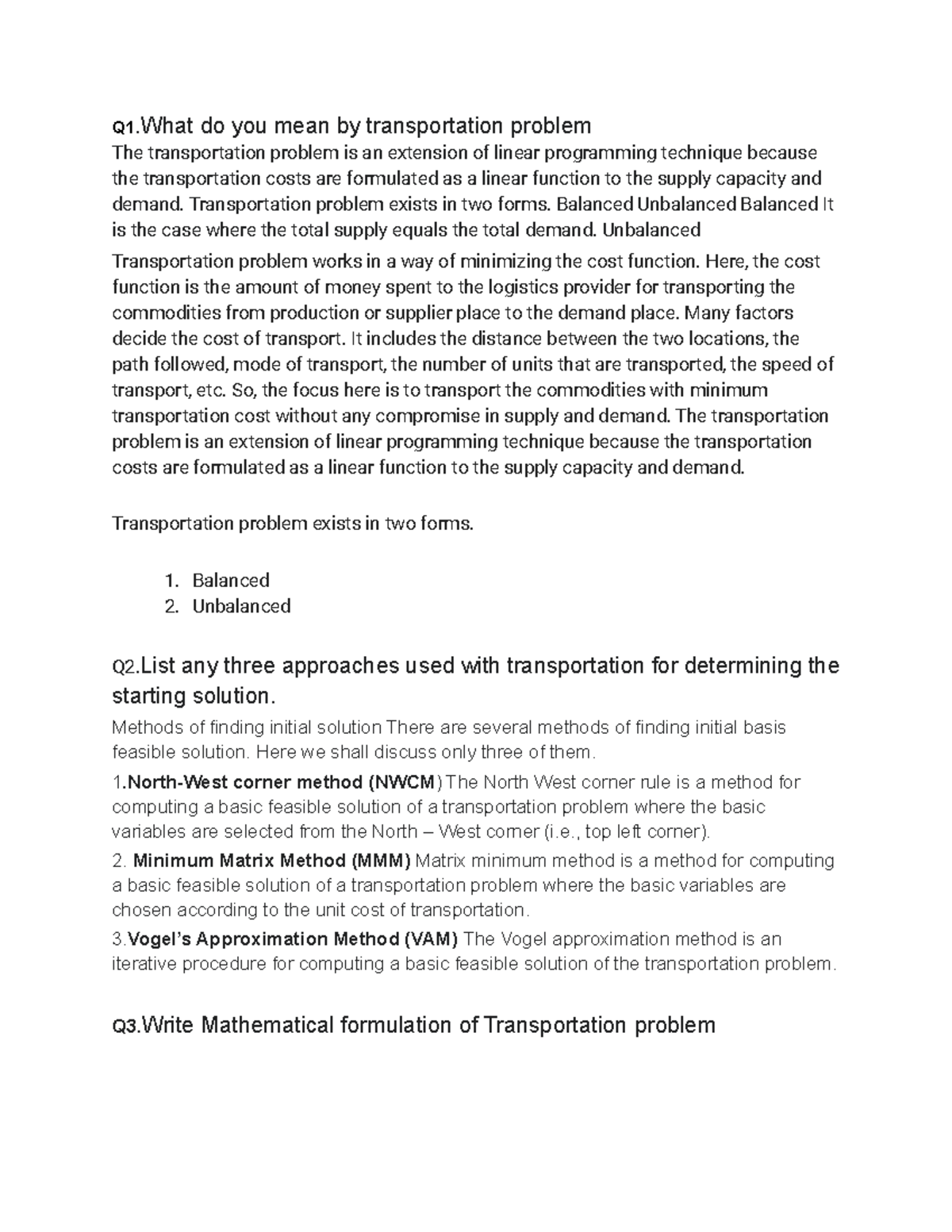 Week 4 - assignments - Q1 .What do you mean by transportation problem ...