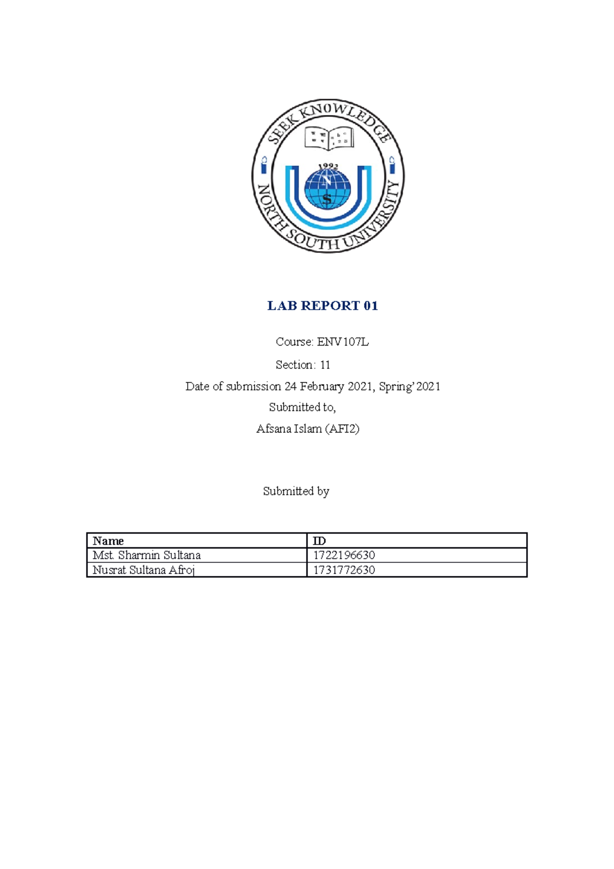 LAB Report 01 ENV107L - LAB REPORT 01 Course: ENV107L Section: 11 Date of submission 24 February ...