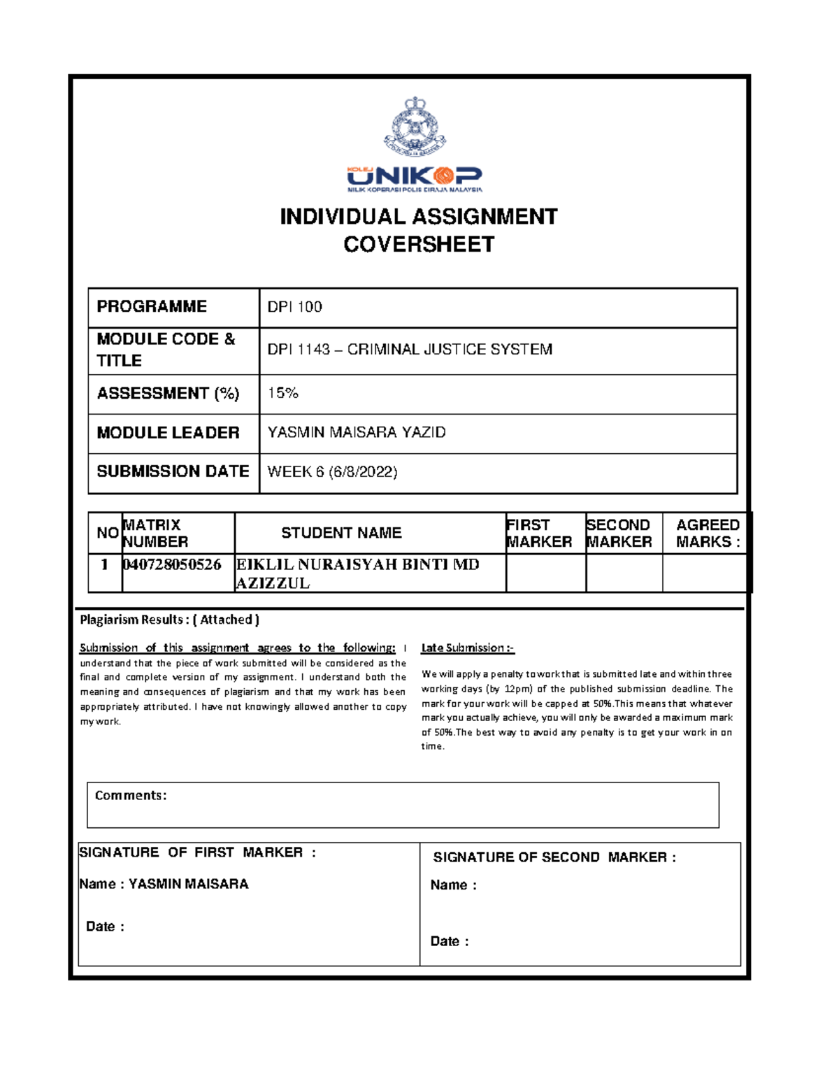 DPI1143 A1 Eiklil Nuraisyah 1C - INDIVIDUAL ASSIGNMENT COVERSHEET ...
