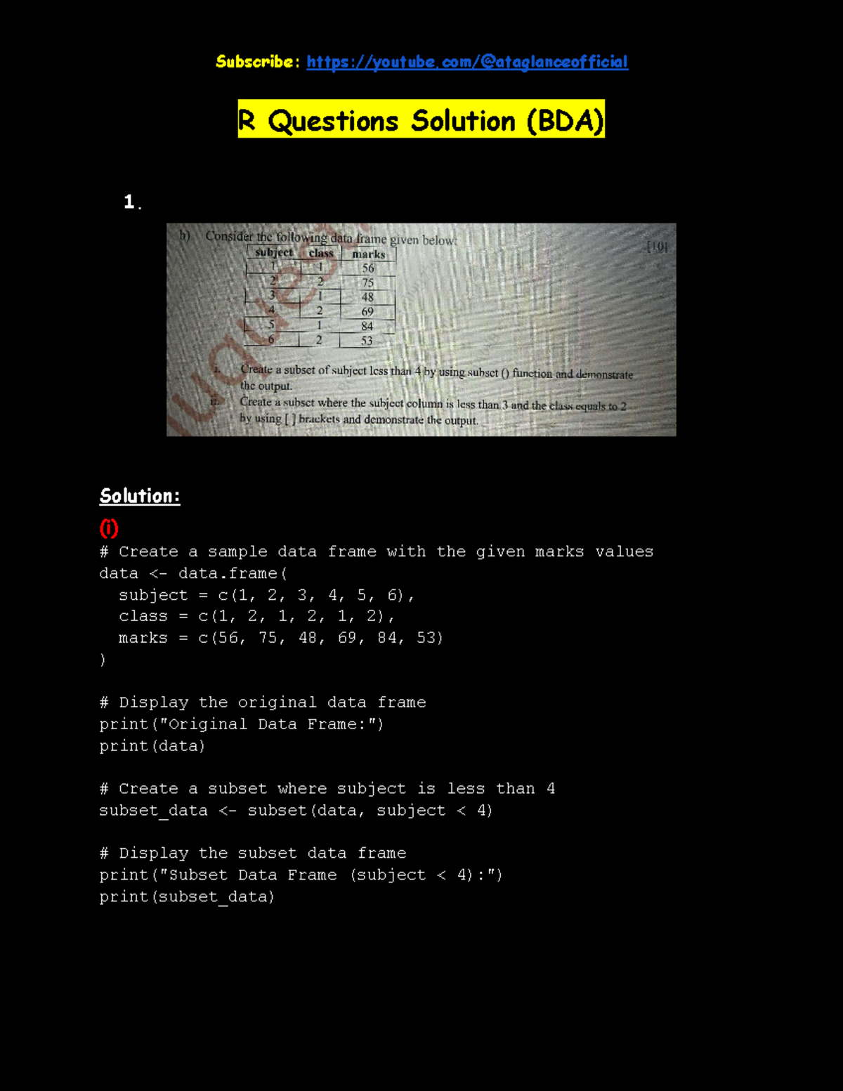 R Question Answers (BDA) - R Questions Solution (BDA) 1. Solution: (i) # Create a sample data ...