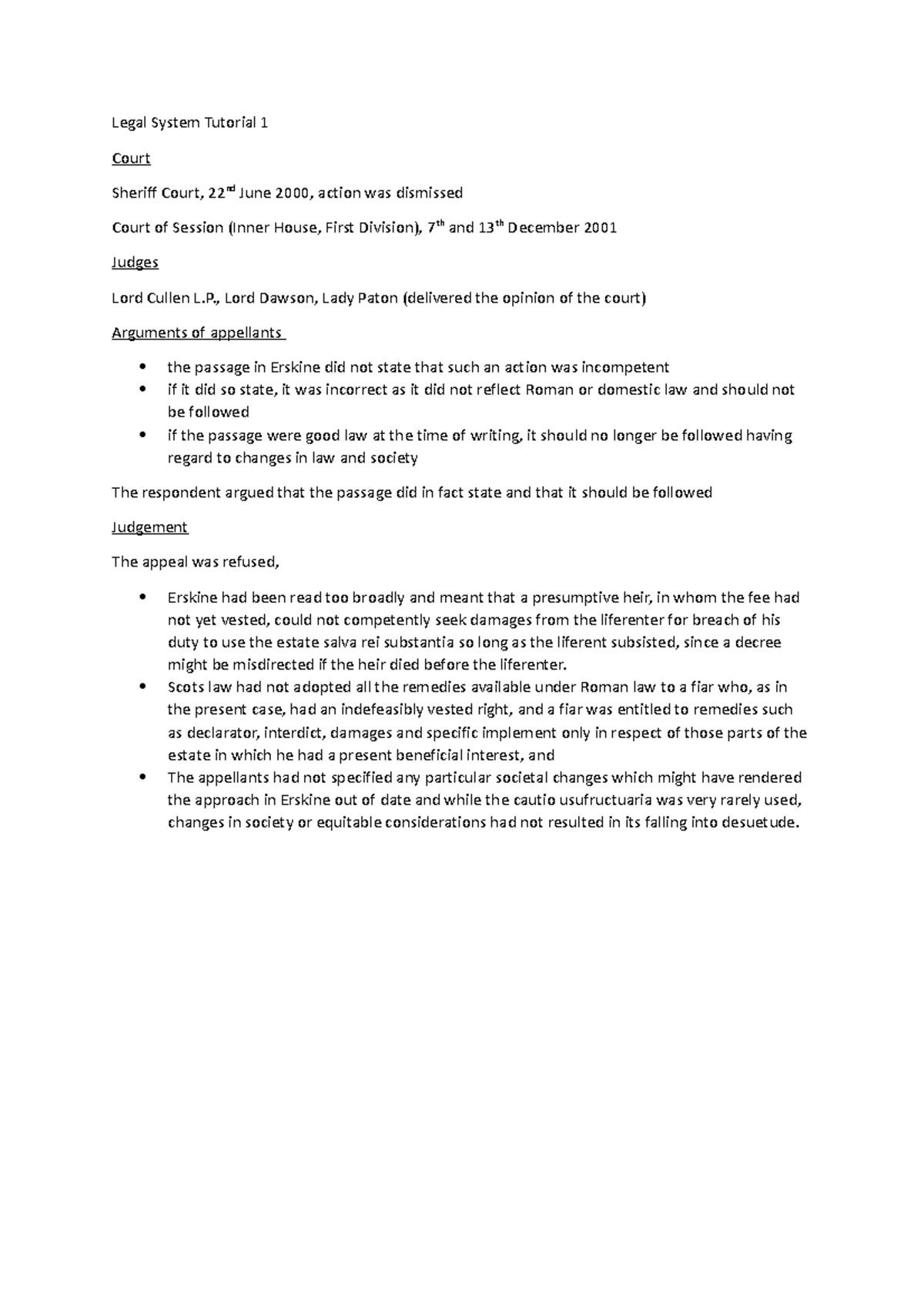 Legal System Tutorial 1 - , Lord Dawson, Lady Paton (delivered the ...