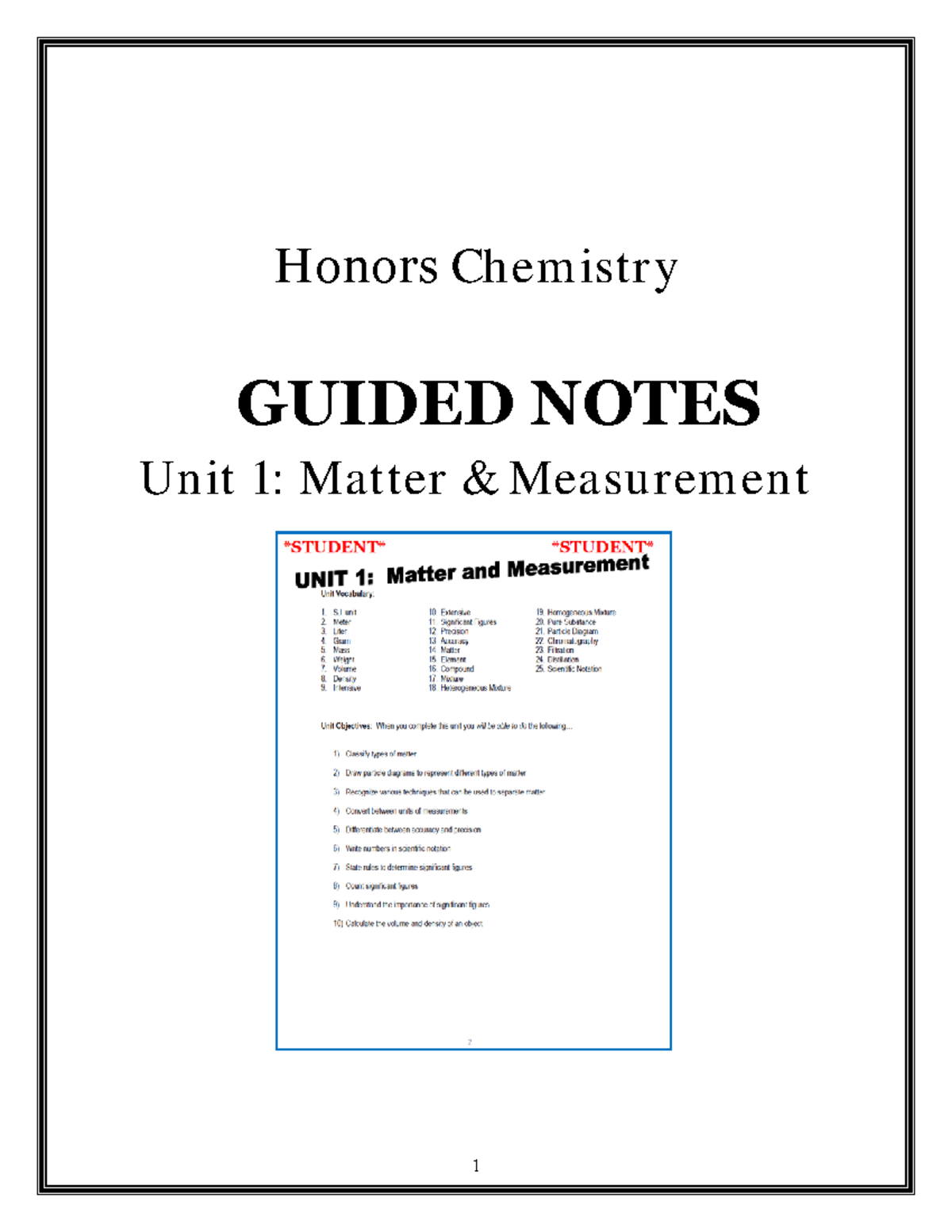 Guided one honors unit 1 - Honors Chemistry GUIDED NOTES Unit 1: Matter ...