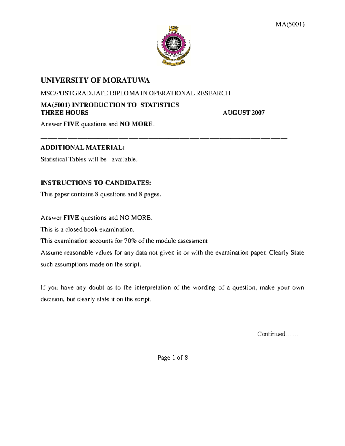 MSc-Statistics-2007 1 - UNIVERSITY OF MORATUWA MSC/POSTGRADUATE DIPLOMA ...