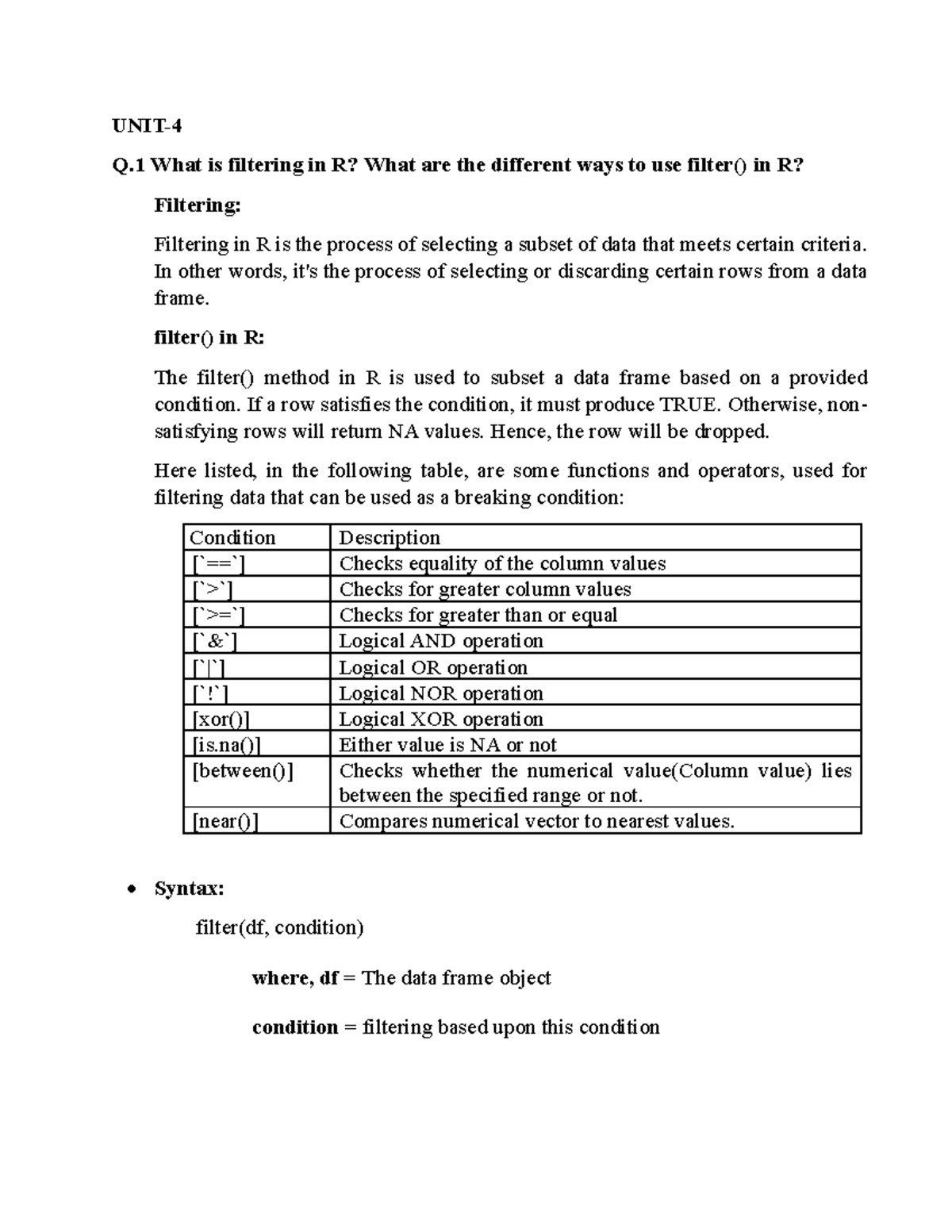 UNIT 4 Data filtering and cleaning - UNIT- 4 Q What is filtering in R ...