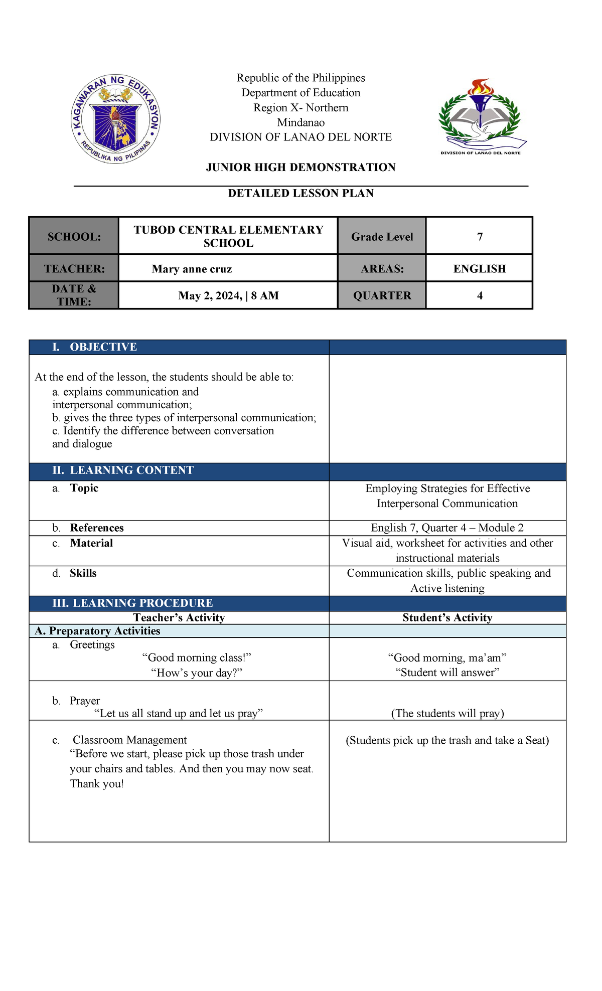 DLP correction - for lesson plan demo - Republic of the Philippines ...