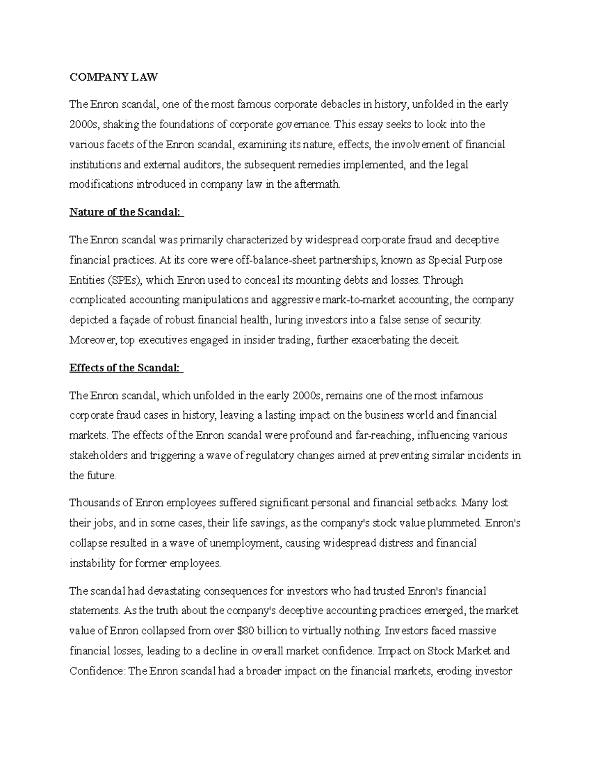 Company LAW-1 - enron scandal - COMPANY LAW The Enron scandal, one of ...