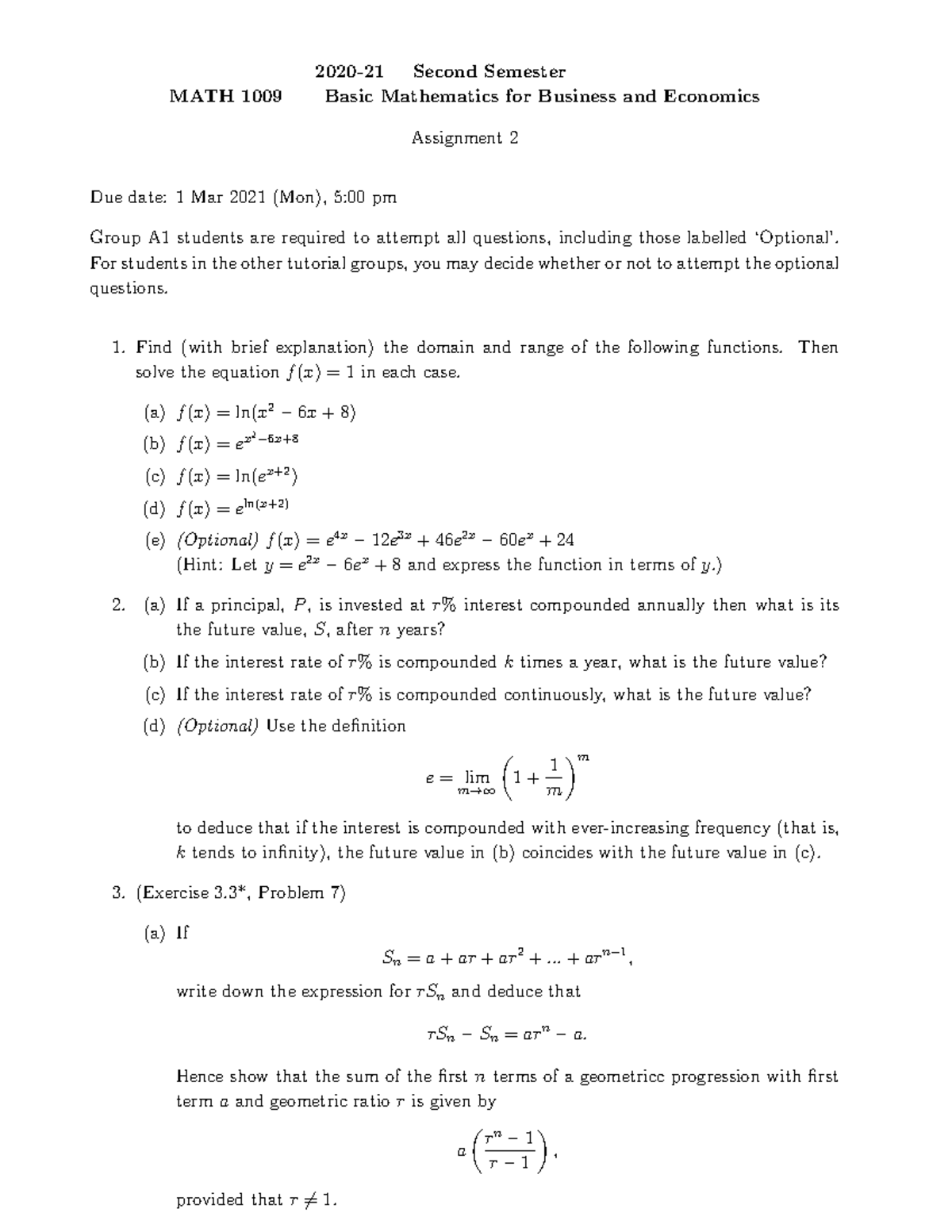 20 21 2 1009 A2 - Assignment 2 - 2020-21 Second Semester MATH 1009 Basic Mathematics for ...