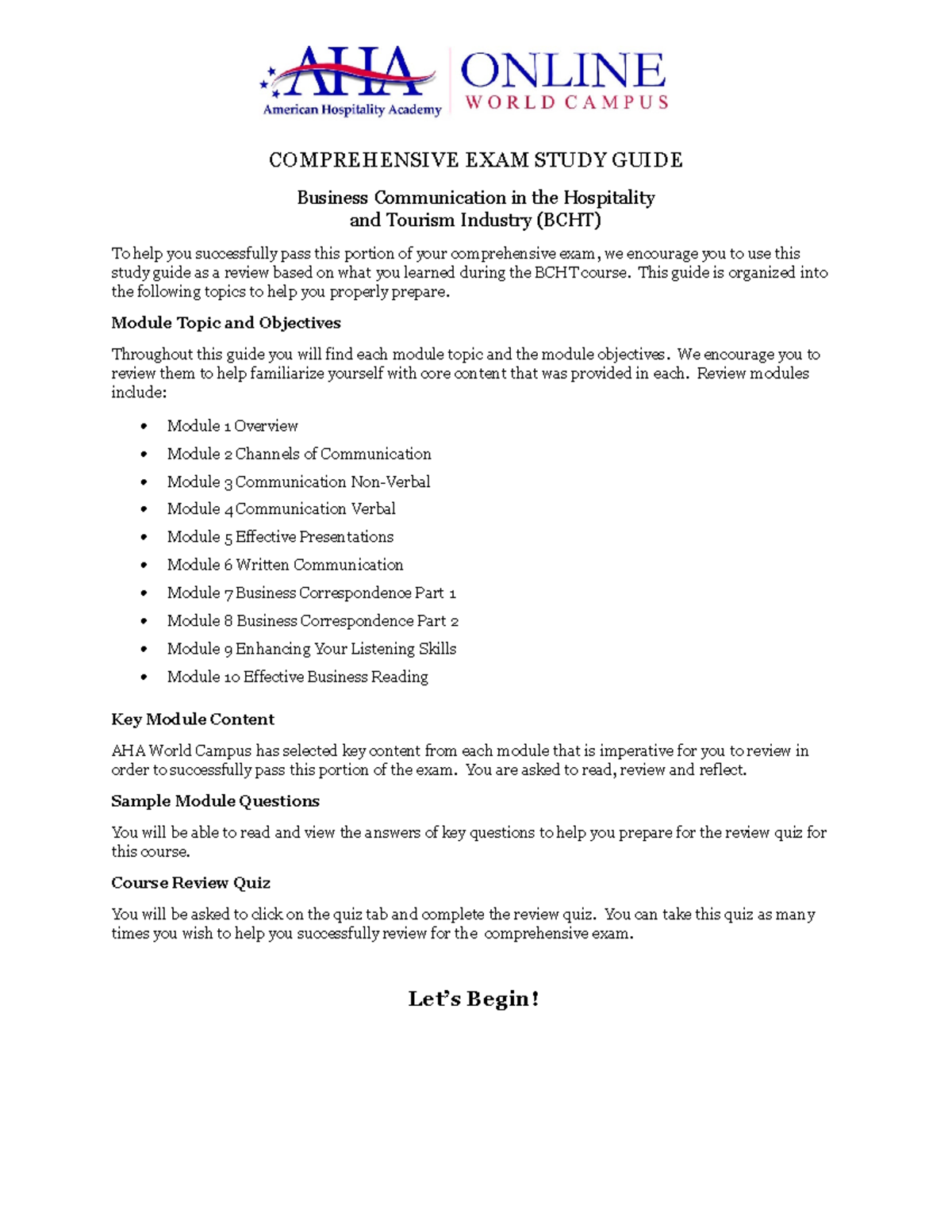 BCHT- Study- Guide - COMPREHENSIVE EXAM STUDY GUIDE Business ...