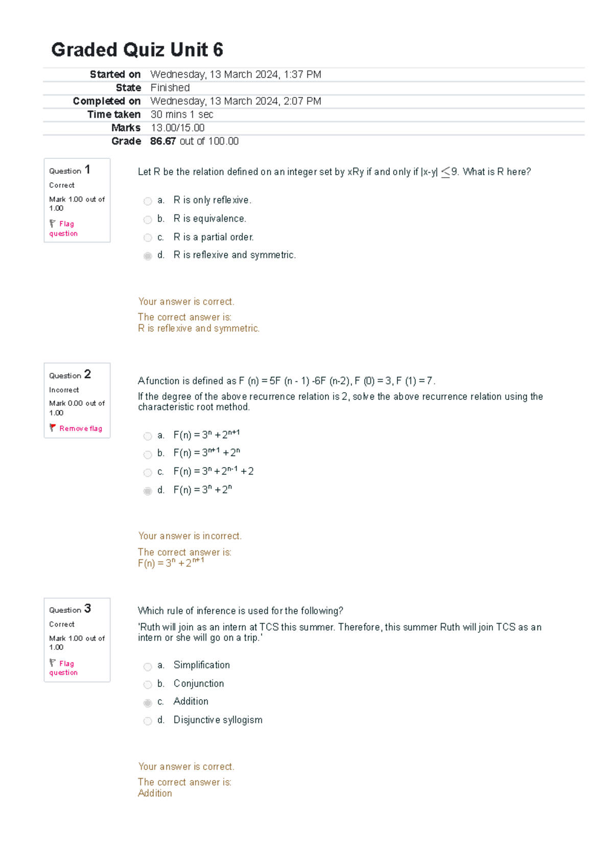 Graded Quiz Unit 6 (MATH 1302 - AY2024-T3) - Question 1 Correct Mark 1 ...