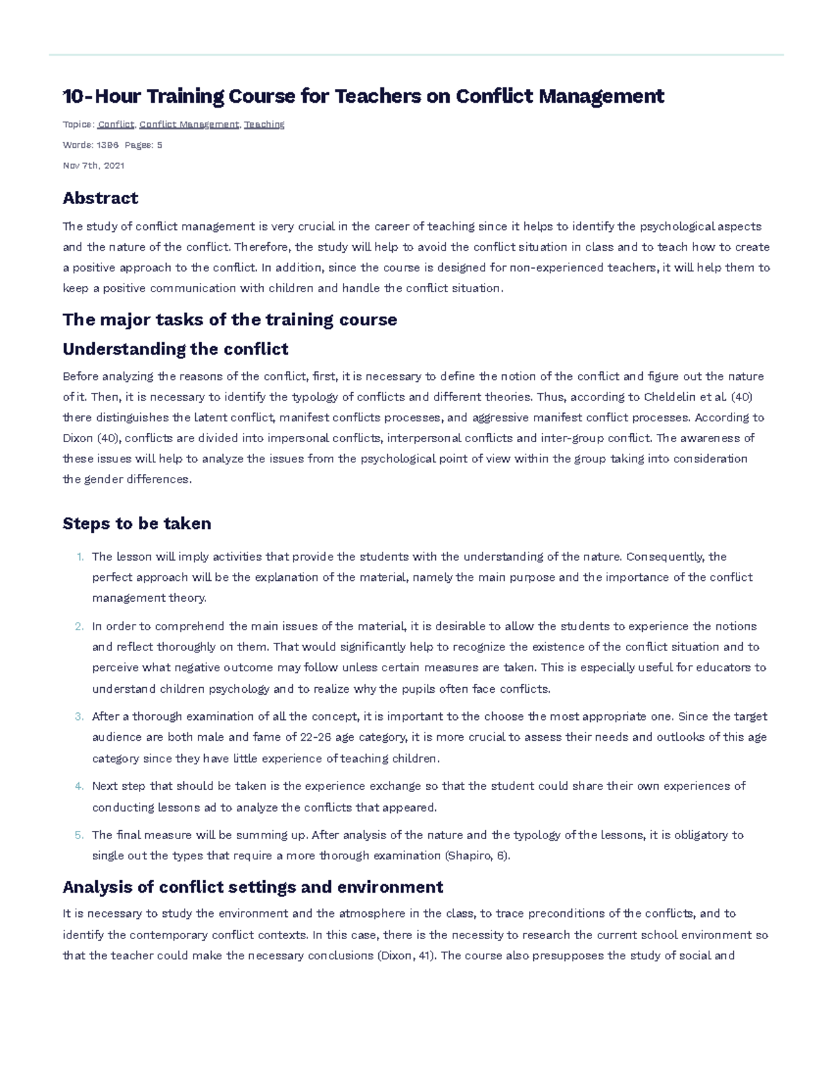 10-Hour Training Course for Teachers on Conflict Management Free Essay ...