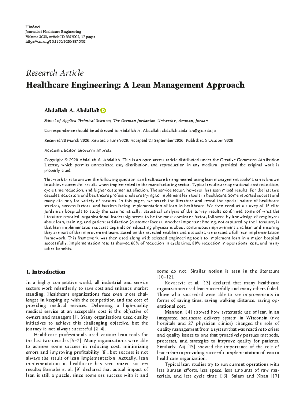 Healthcare Engineering A Lean Management Approach - Research Article ...