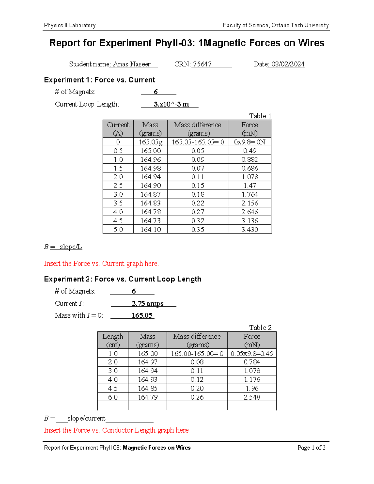 Report Magnetic Forces - Physics II Laboratory Faculty of Science, Ontario Tech University ...