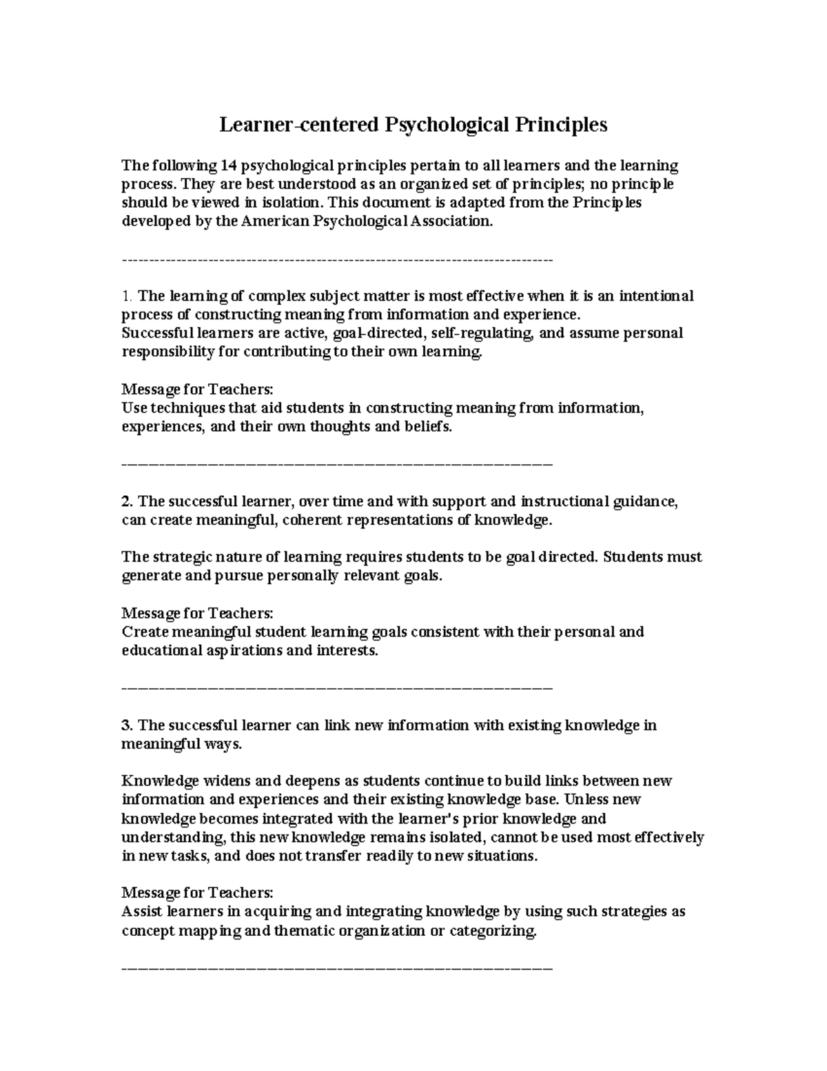 Learner Centered Pyschological Principles - Learner-centered Psychological Principles The ...