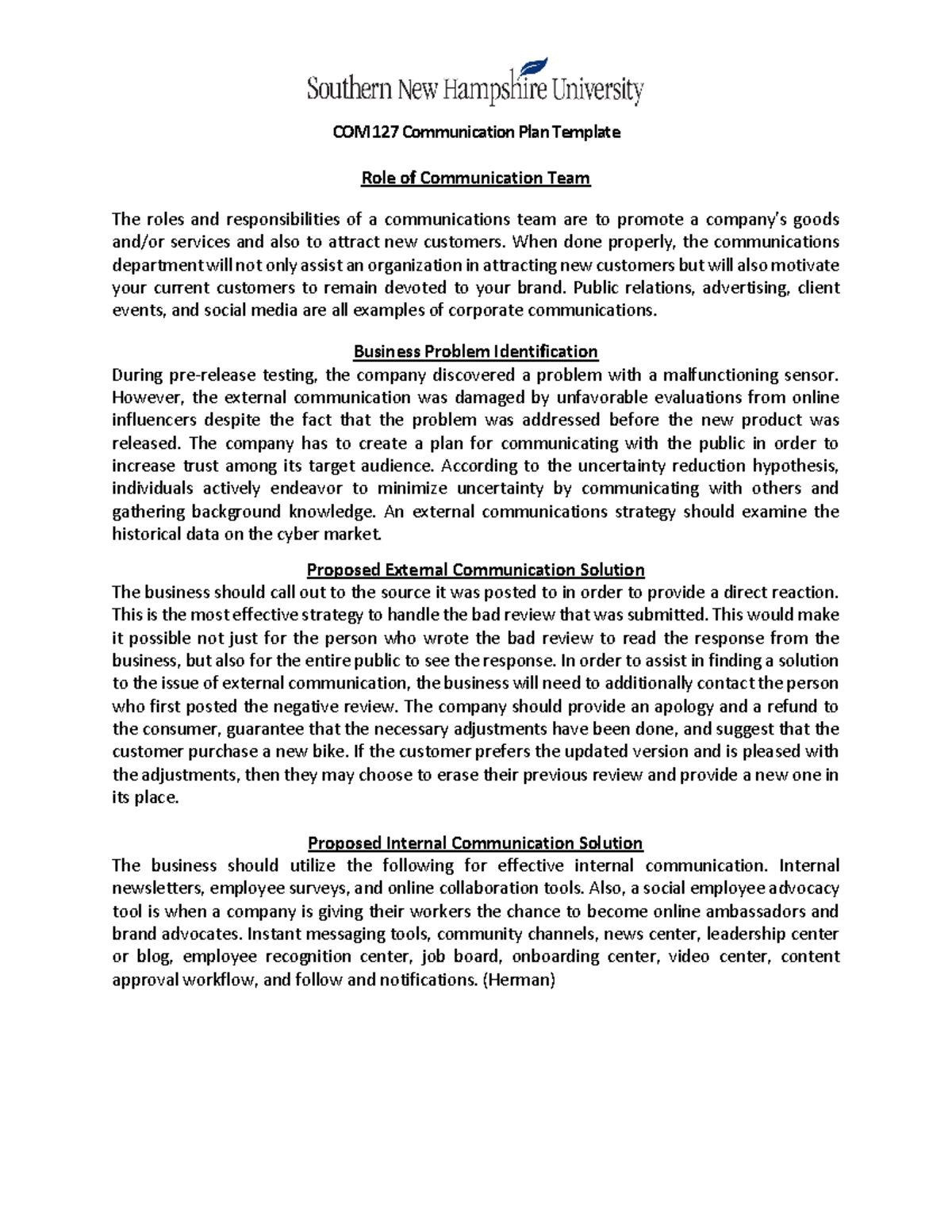COM 127 Communication Plan Template - COM 127 Communication Plan ...
