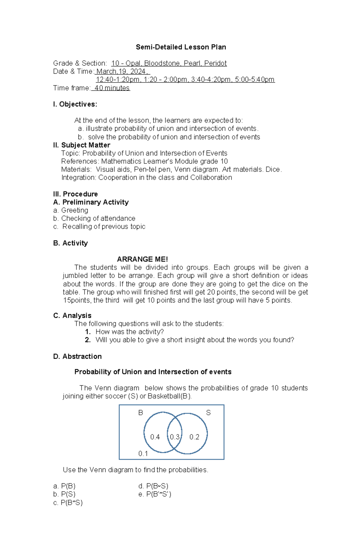 Probability-LP - probability lecture notes - Semi-Detailed Lesson Plan ...