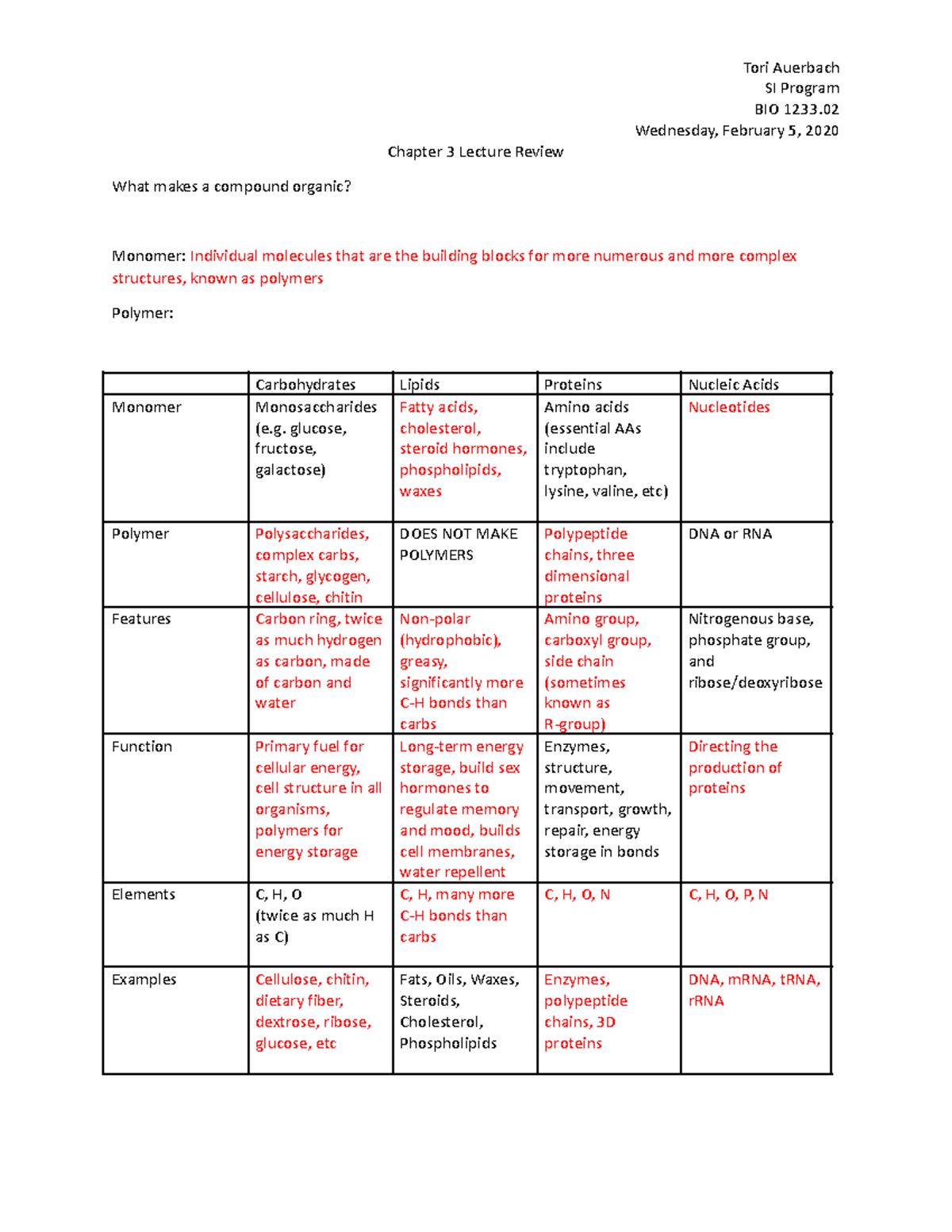 Chapter 3 Review Worksheet Answers - SI Program BIO 1233. Wednesday ...