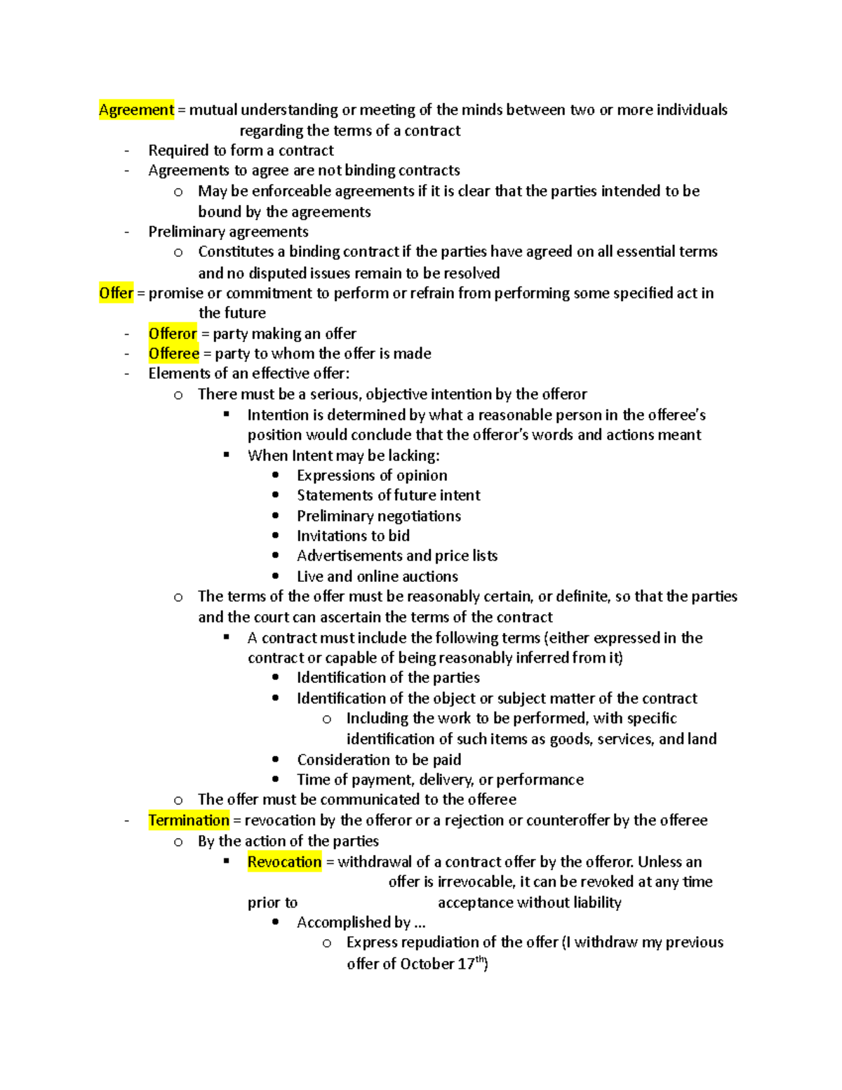 Agreement - notes - Agreement = mutual understanding or meeting of the ...