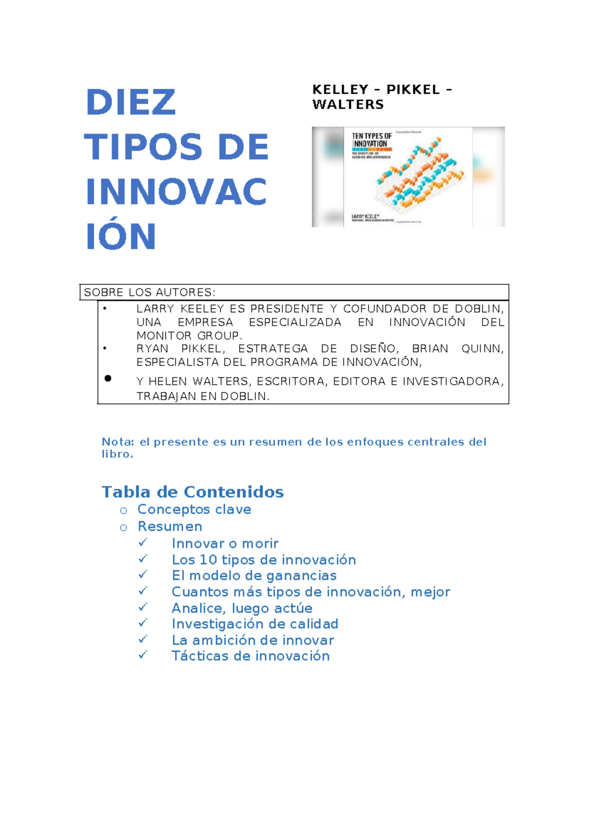 DIEZ Tipos DE Innovación - Keeley (de Doblin) - resumen libro - DIEZ TIPOS DE INNOVAC IÓN KELLEY ...