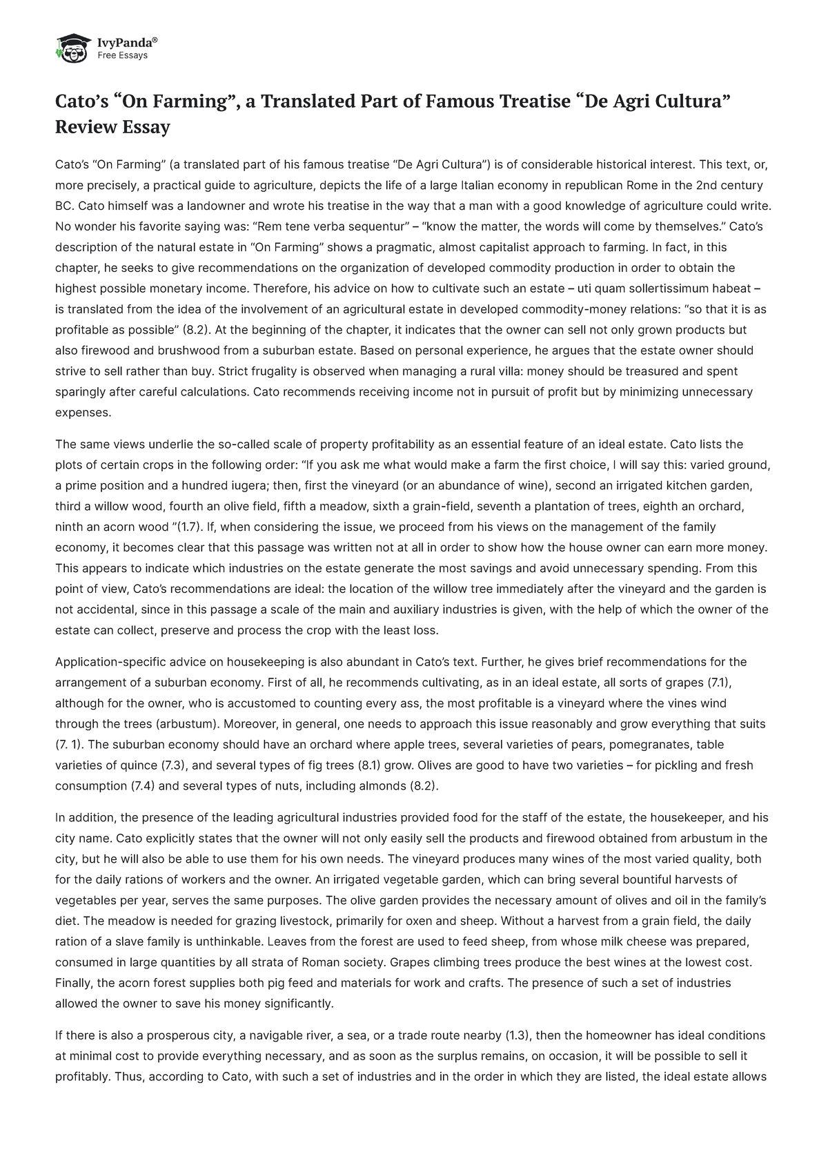 Cato's On Farming Review - 2326 Words Essay Example - Cato’s “On Farming”, a Translated Part of ...