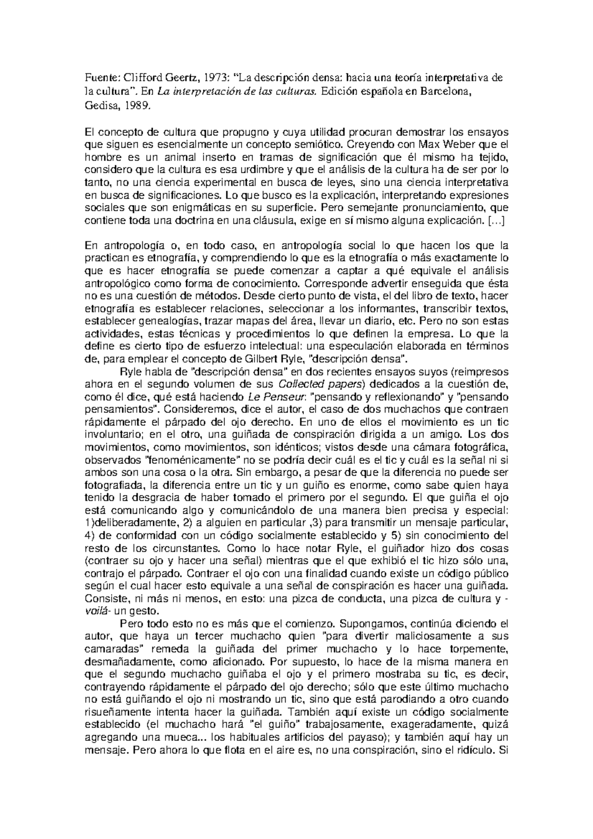 Geertz Descripción Densa - Fuente: Clifford Geertz, 1973: “La ...