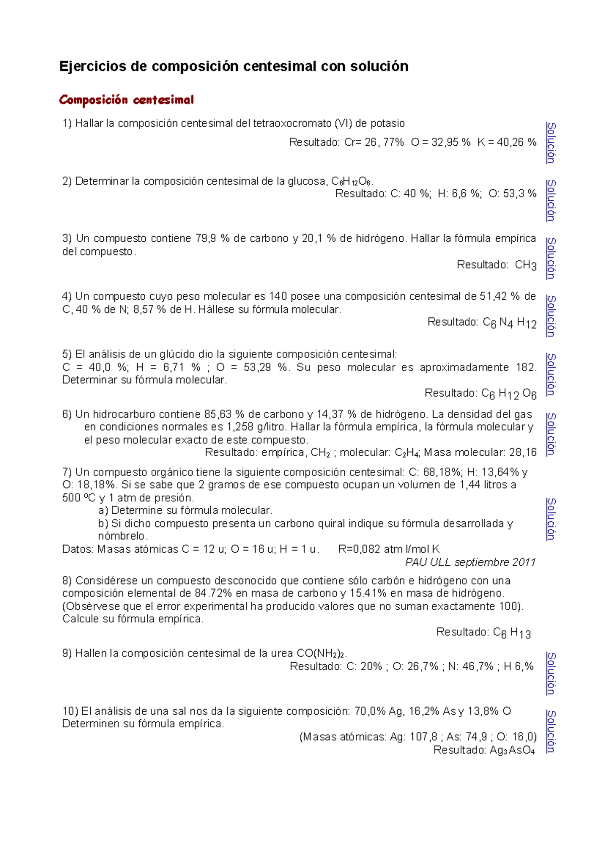 Ejercicios composicion centesimal con solucion (Elortegui) - Ejercicios ...
