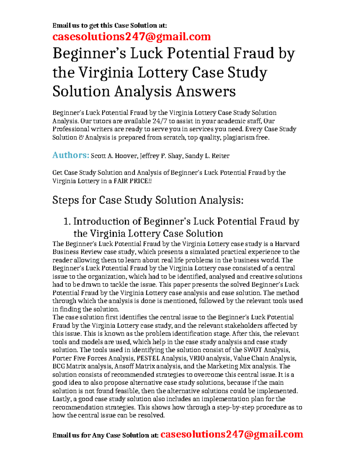 Case Solution Beginner's Luck Potential Fraud by the Virginia Lottery ...