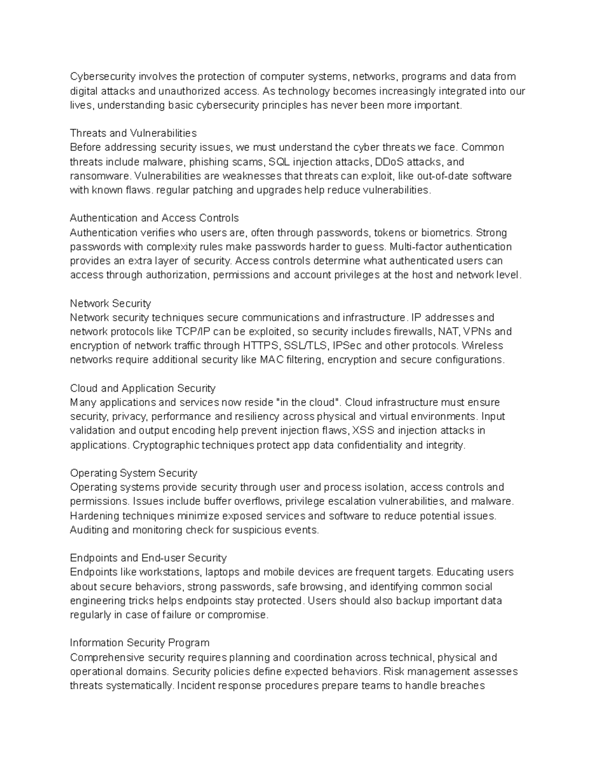 Cyber notes - Cybersecurity involves the protection of computer systems ...
