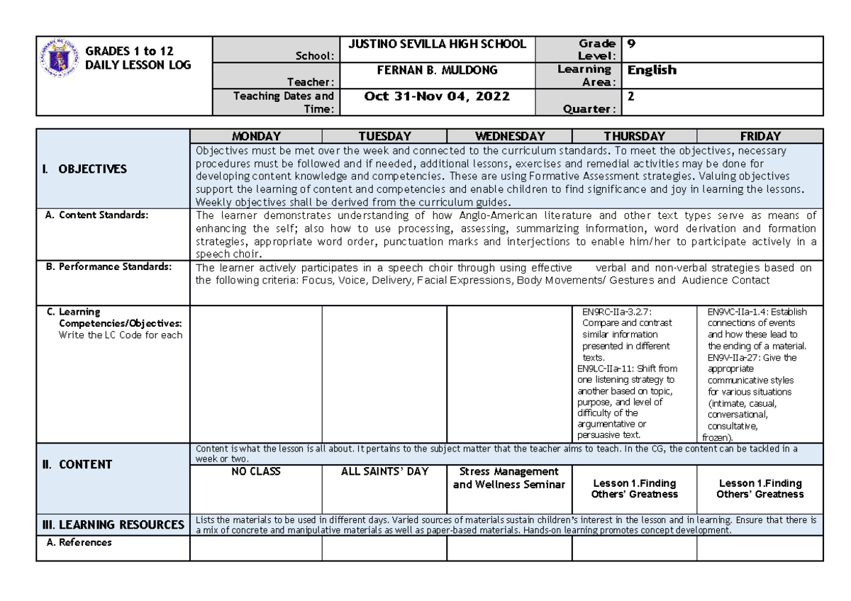 Daily Lesson Log - GRADES 1 to 12 DAILY LESSON LOG School: JUSTINO ...