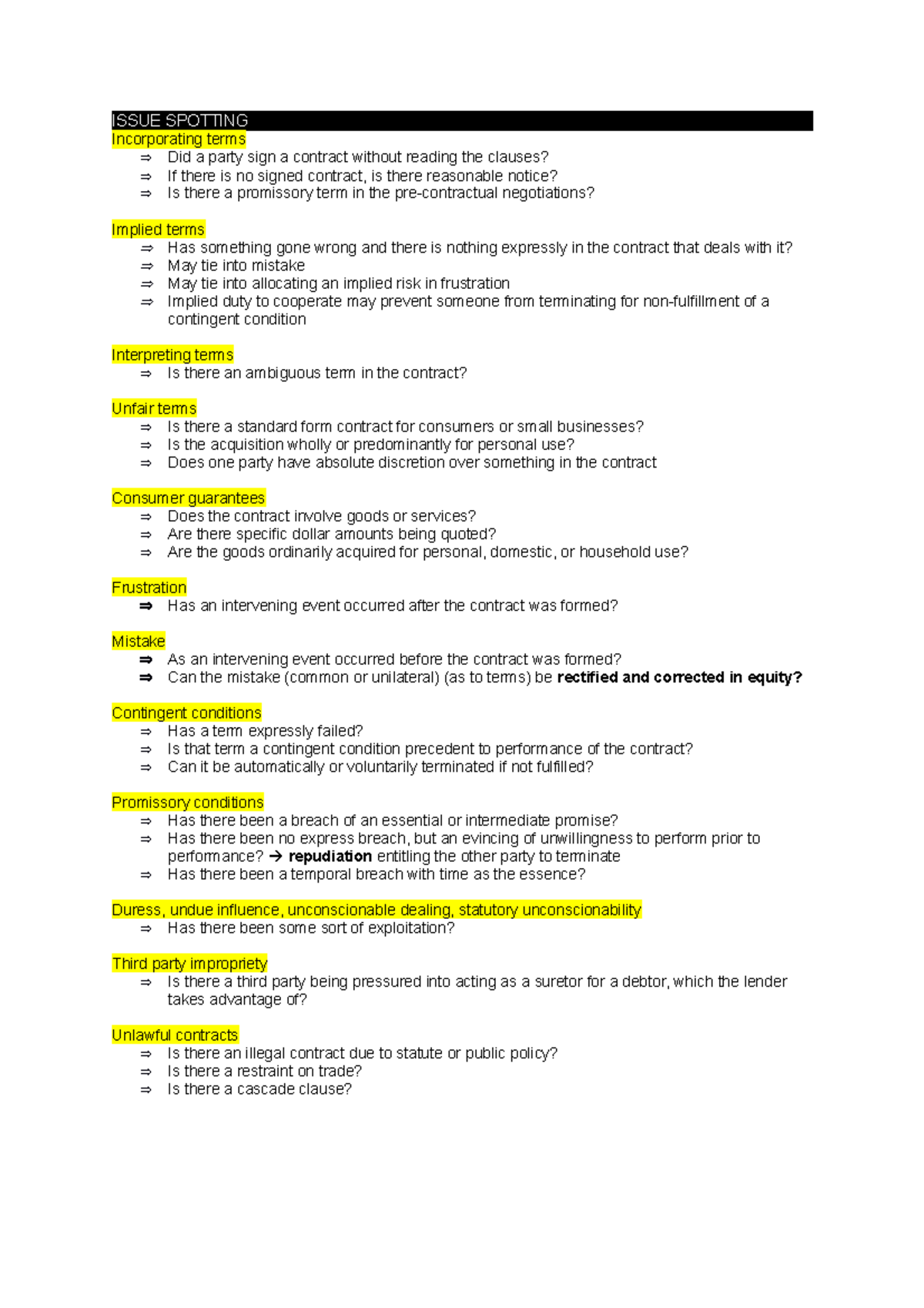 Issue Spotting contracts - ISSUE SPOTTING Incorporating terms Did a ...