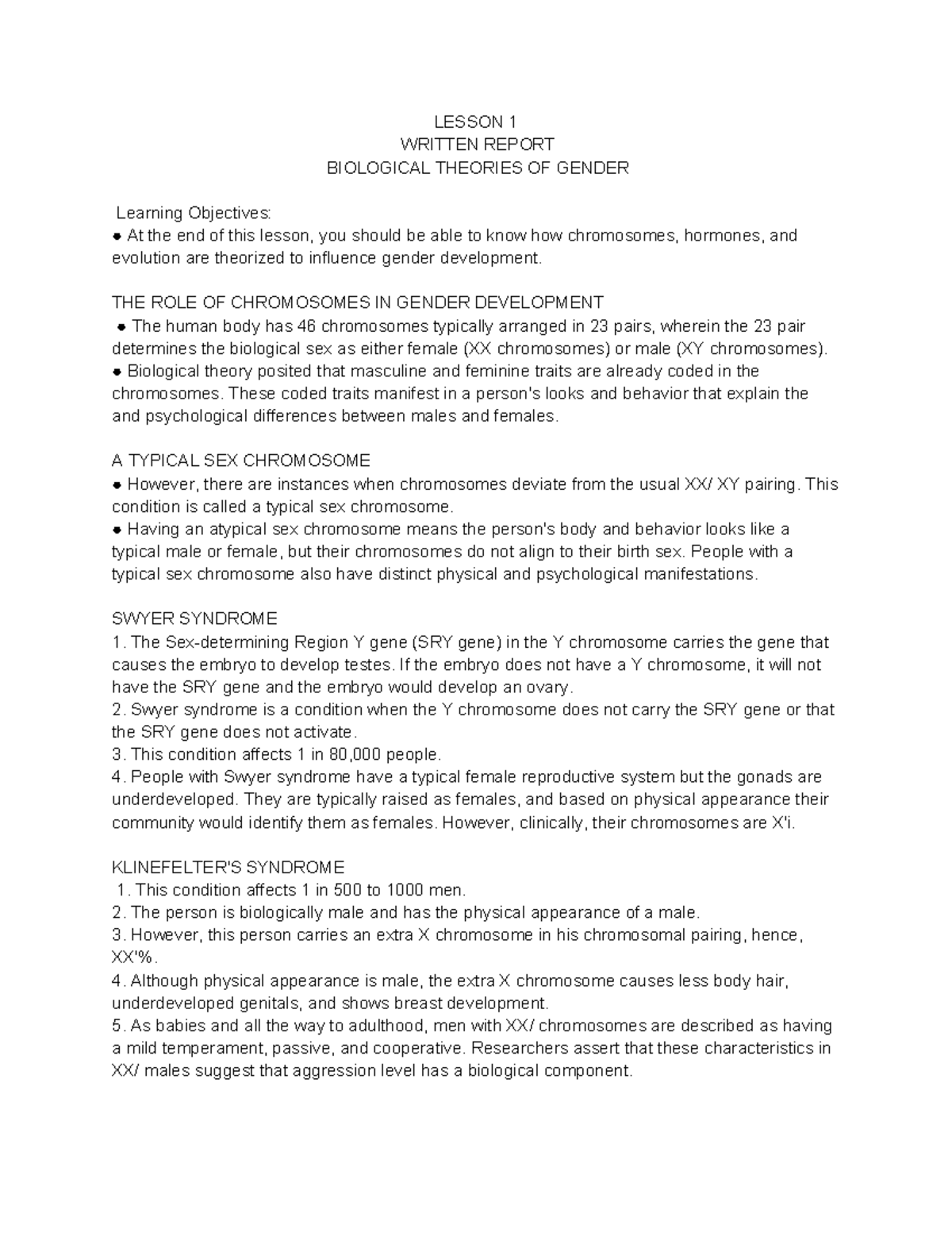 M2L1Written Report - LESSON 1 WRITTEN REPORT BIOLOGICAL THEORIES OF ...