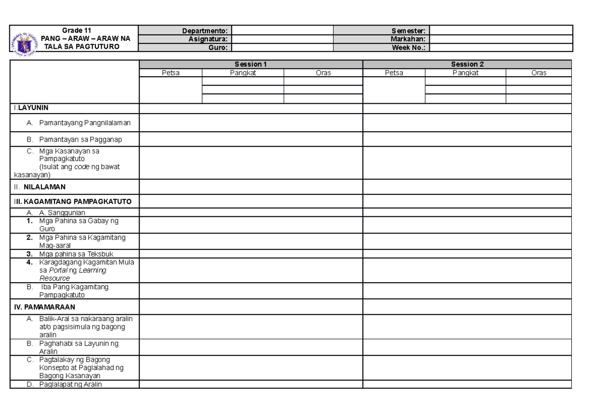 SHS-DLL-template filipoino - Grade 11 PANG – ARAW – ARAW NA TALA SA ...