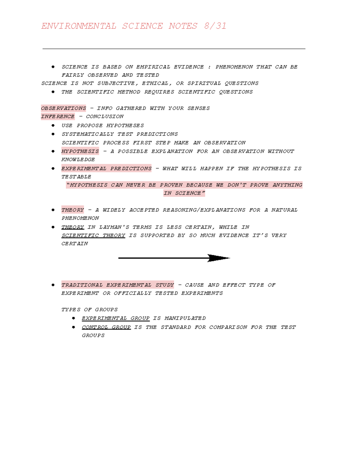 ES Notes - p.1 - ENVIRONMENTAL SCIENCE NOTES 8/ SCIENCE IS BASED ON ...