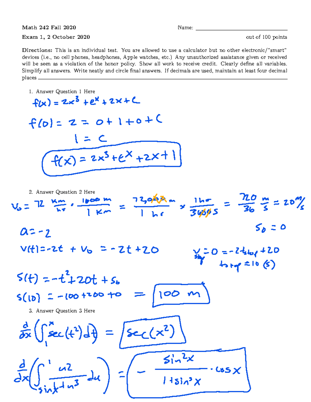 M242F20Exam1SOLN - Notes - Math 242 Fall 2020 Name: Exam 1, 2 October ...