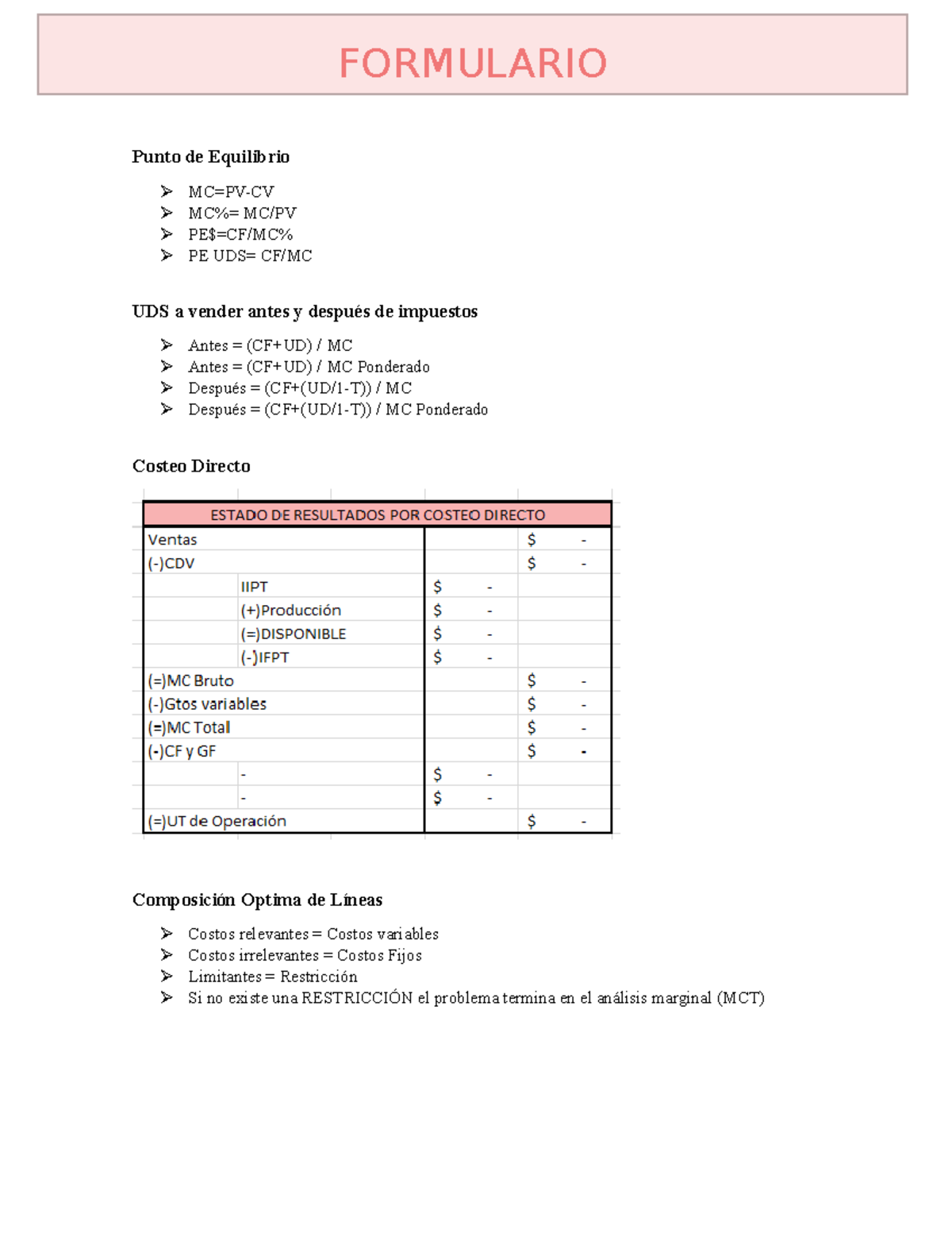 Guia conta - guia de conts - Punto de Equilibrio MC=PV-CV MC%= MC/PV PE ...